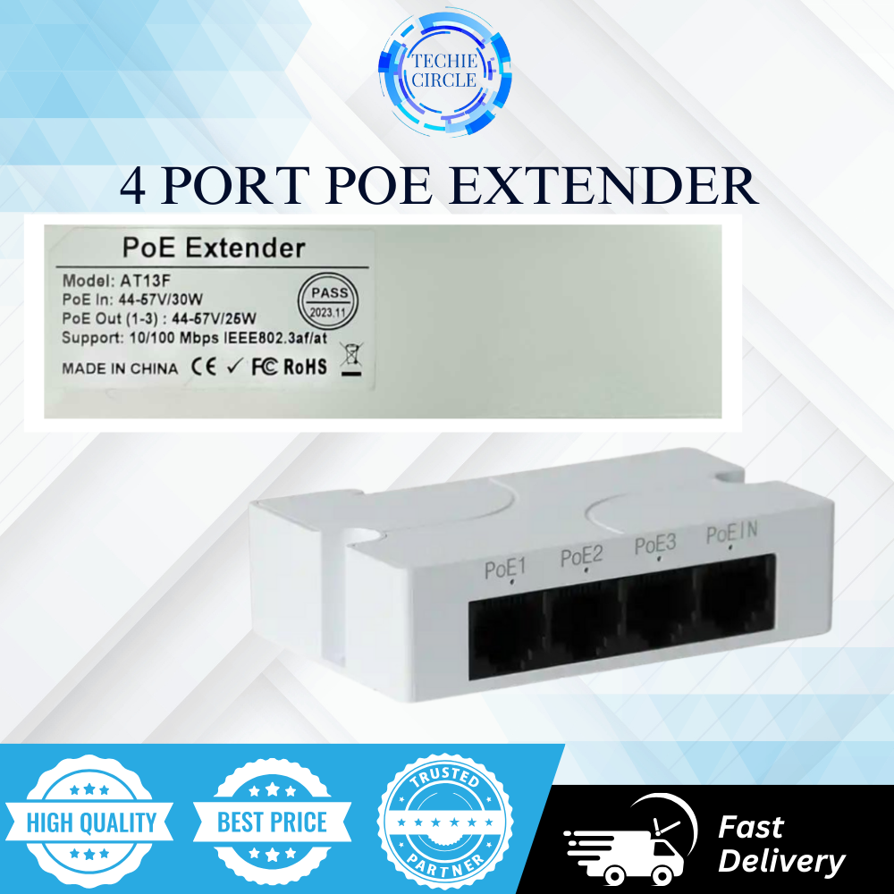 Techie Circle 4 Port POE Extender 100Mbps 1 in 4 Out 250 Meters Network ...