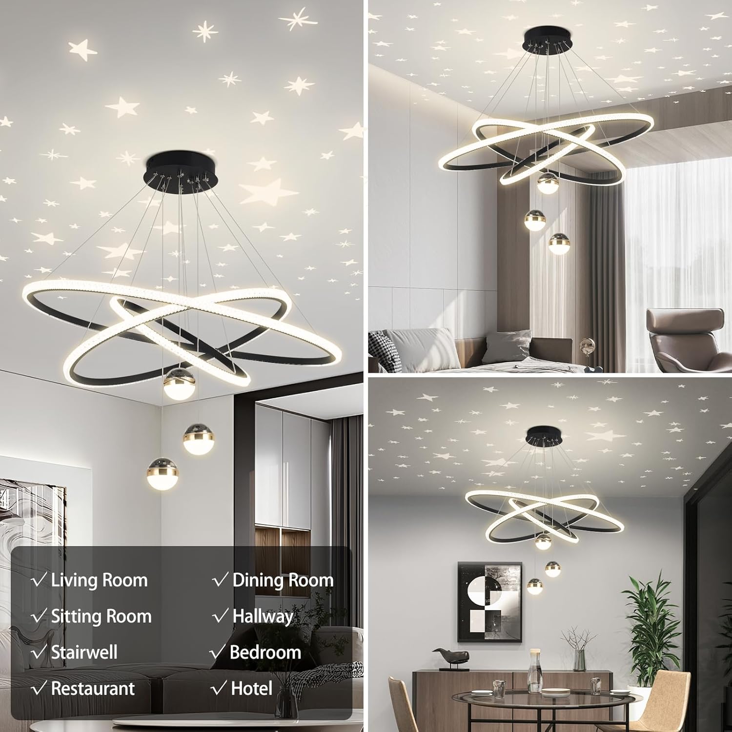 LED Chandelier three-head Tri Color Projection Pendant Light Bedroom ...