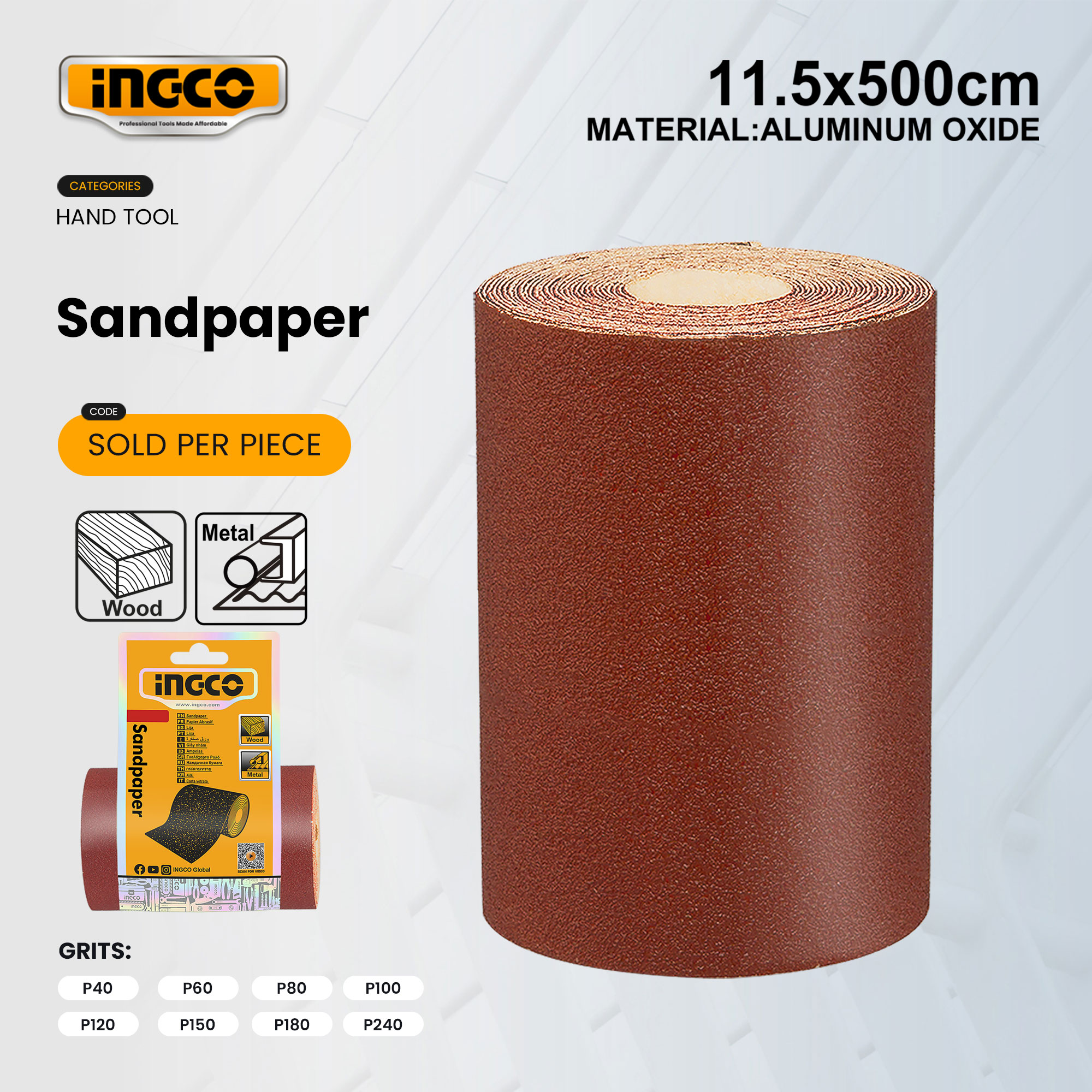 Ingco 11.5x500cm Aluminum Oxide Sandpaper Roll P40-P240 Abrasive ...