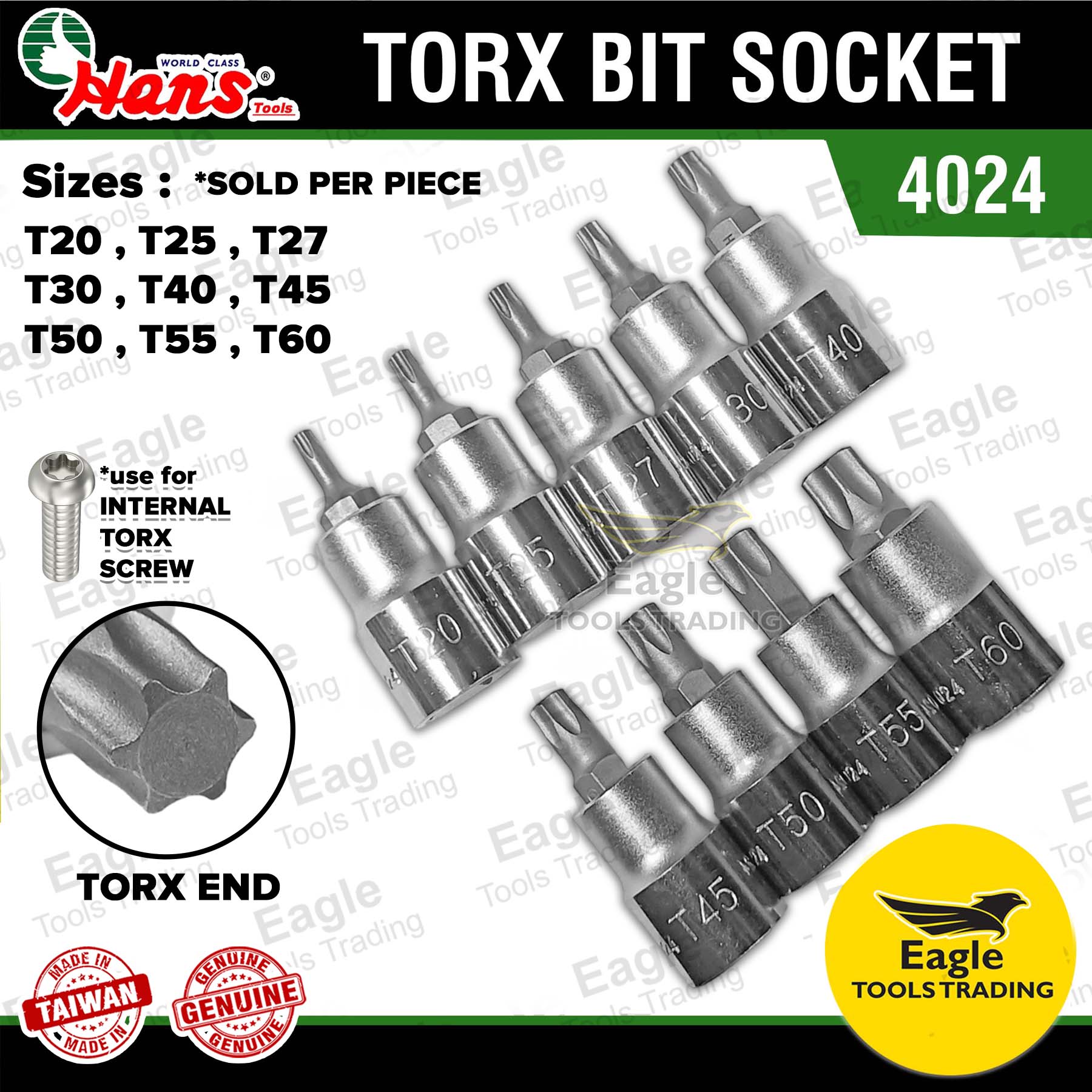 Hans 1/2 inch Drive Torx Bit Socket T20 -T60 at 55mm Length Choose the ...