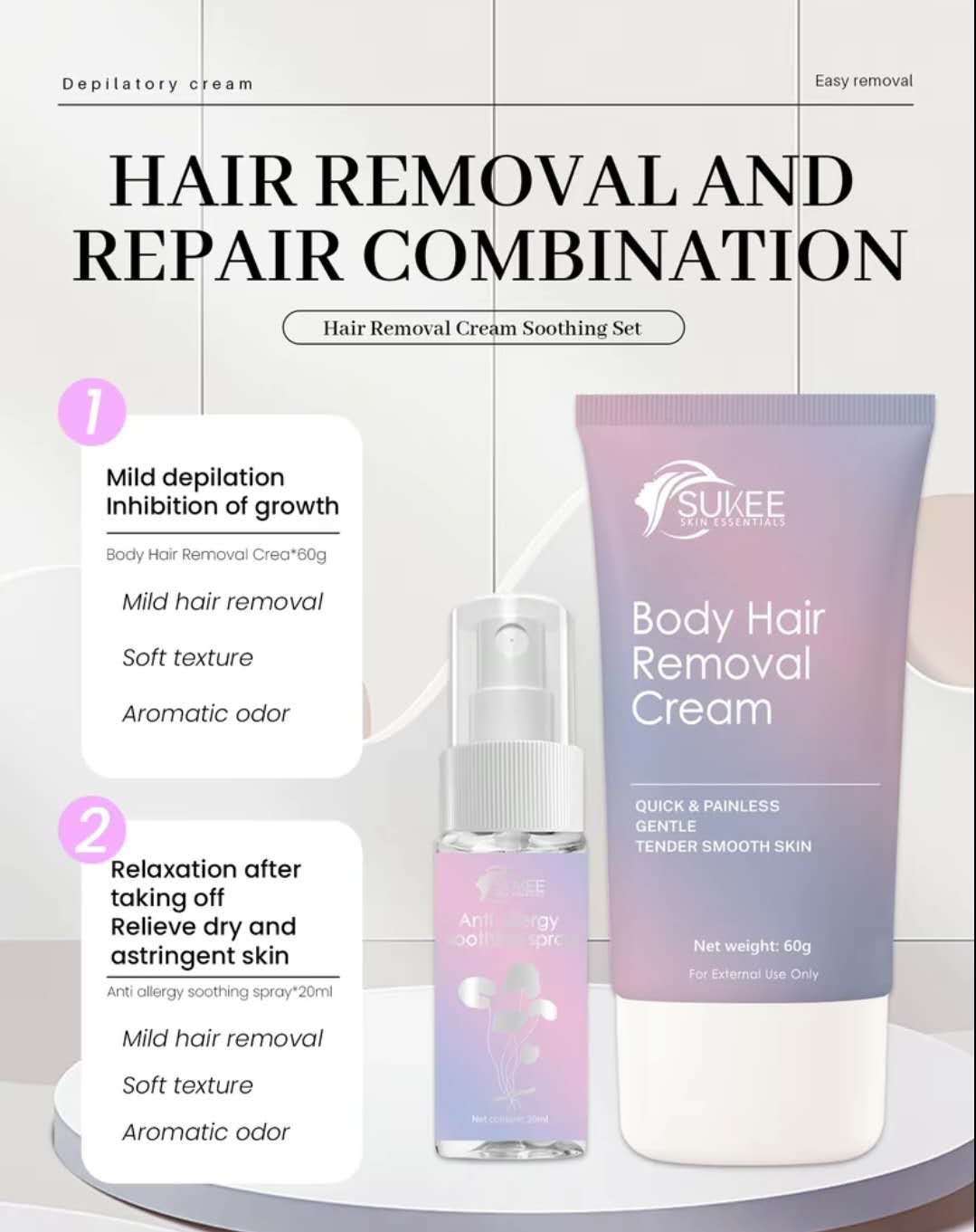 SUKEE Hair Removal Cream Painless Set With Soothing Spray Safe Gentle ...