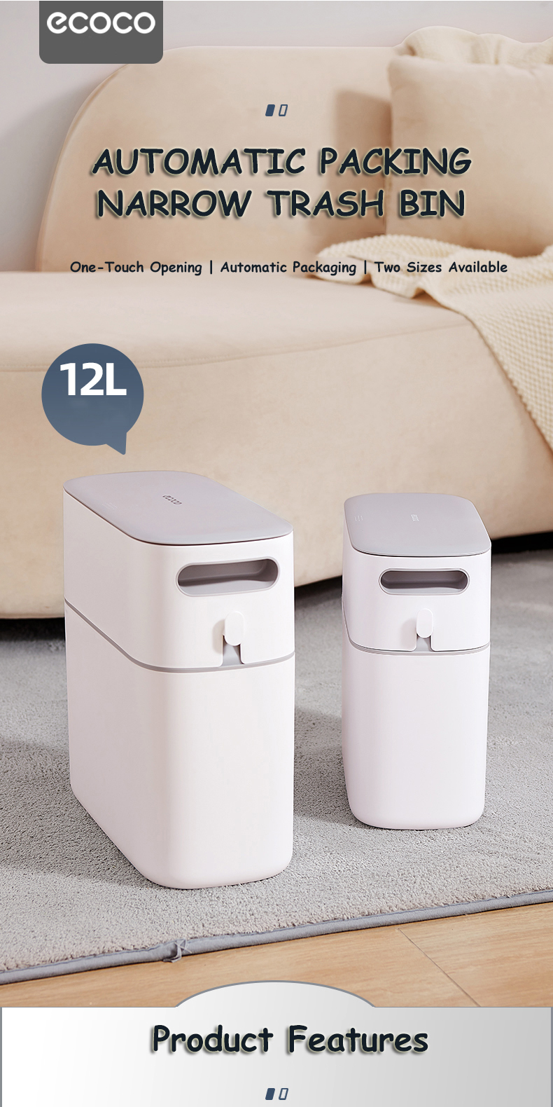 Ecoco Narrow Trash Can Minimalist for Bathroom Kitchen Trash Bin with Lid Simple Lift&Packing 8L ...