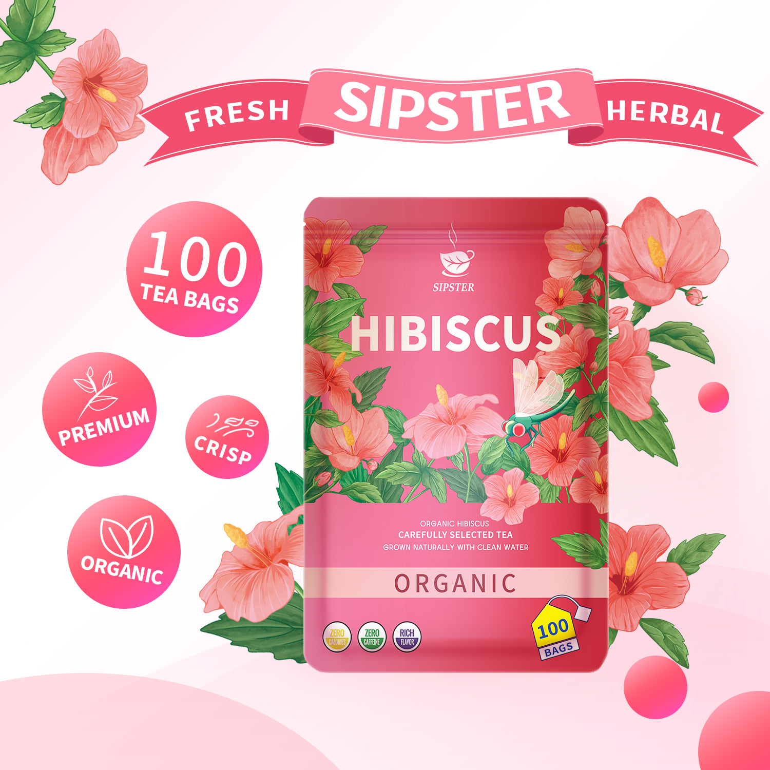 Sipster Hibiscus Tea Organic -100 Tea Bags | Organic Herbal Tea From Single Origin | Eco ...