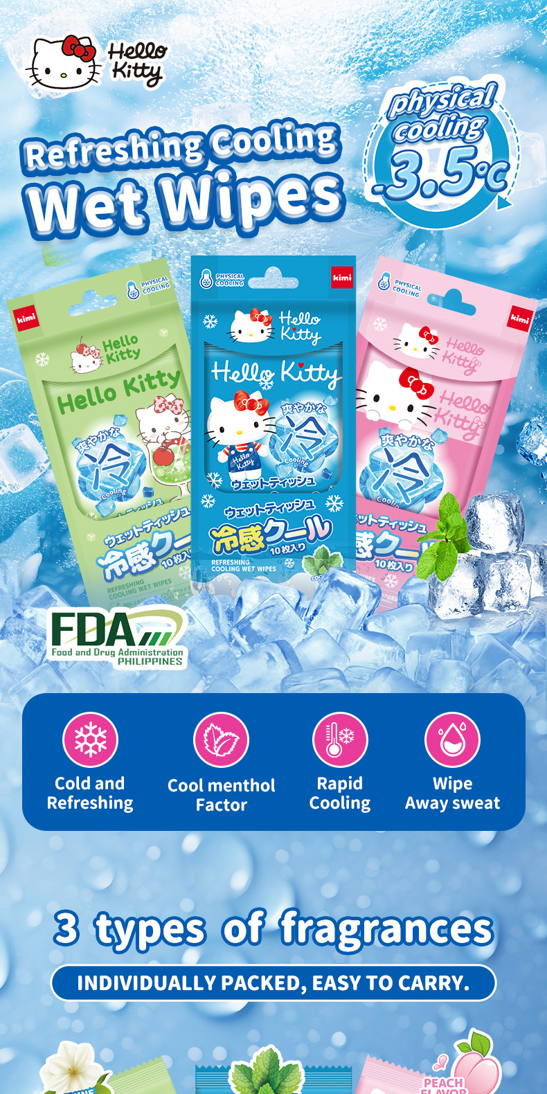 Hello Kitty Sports Wipes Skin Friendly Cooling Wipes Travel-Sized ...