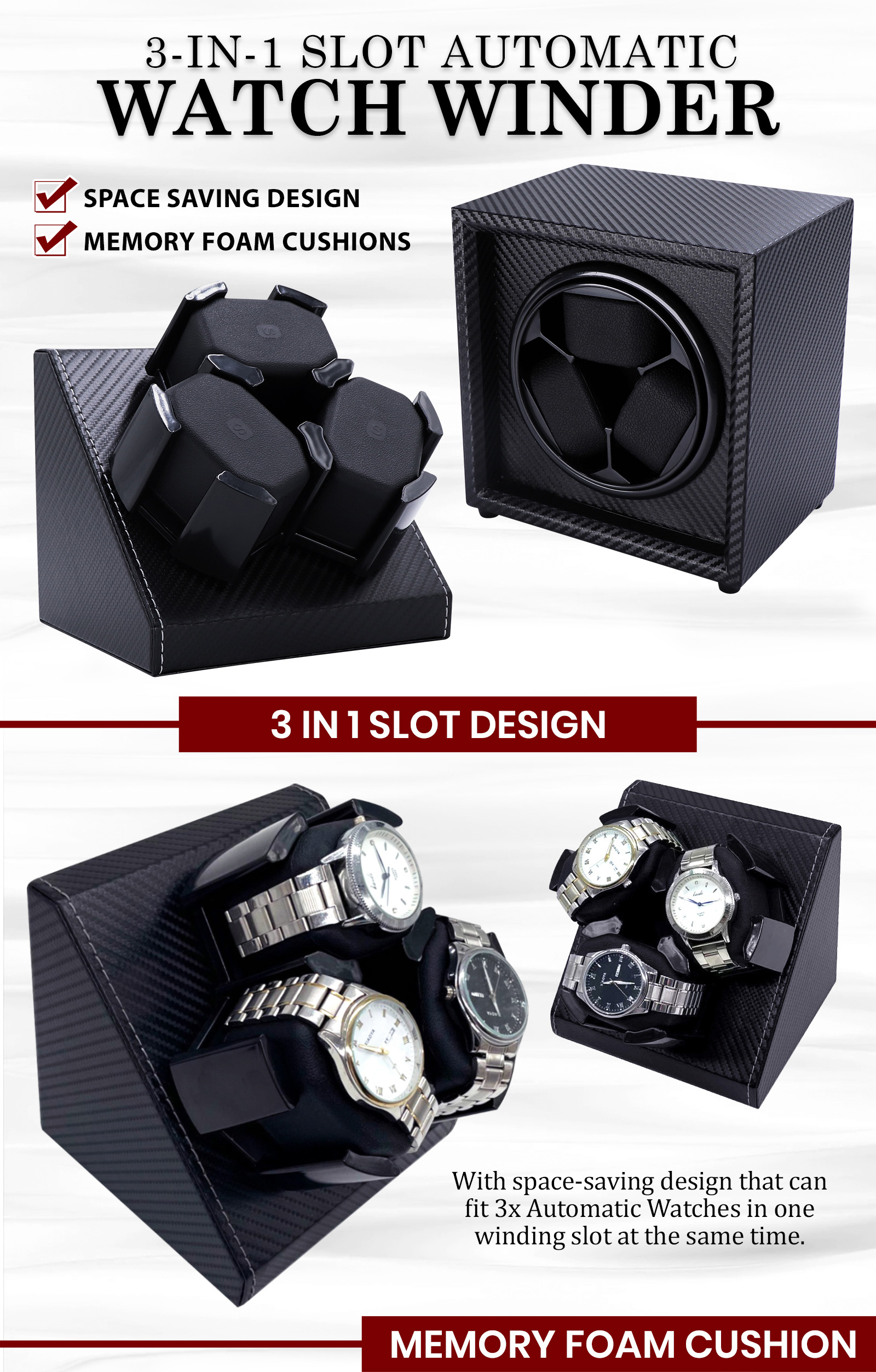 3-in-1 Automatic Watch Winder Bi-directional Rotation Watch Storage ...
