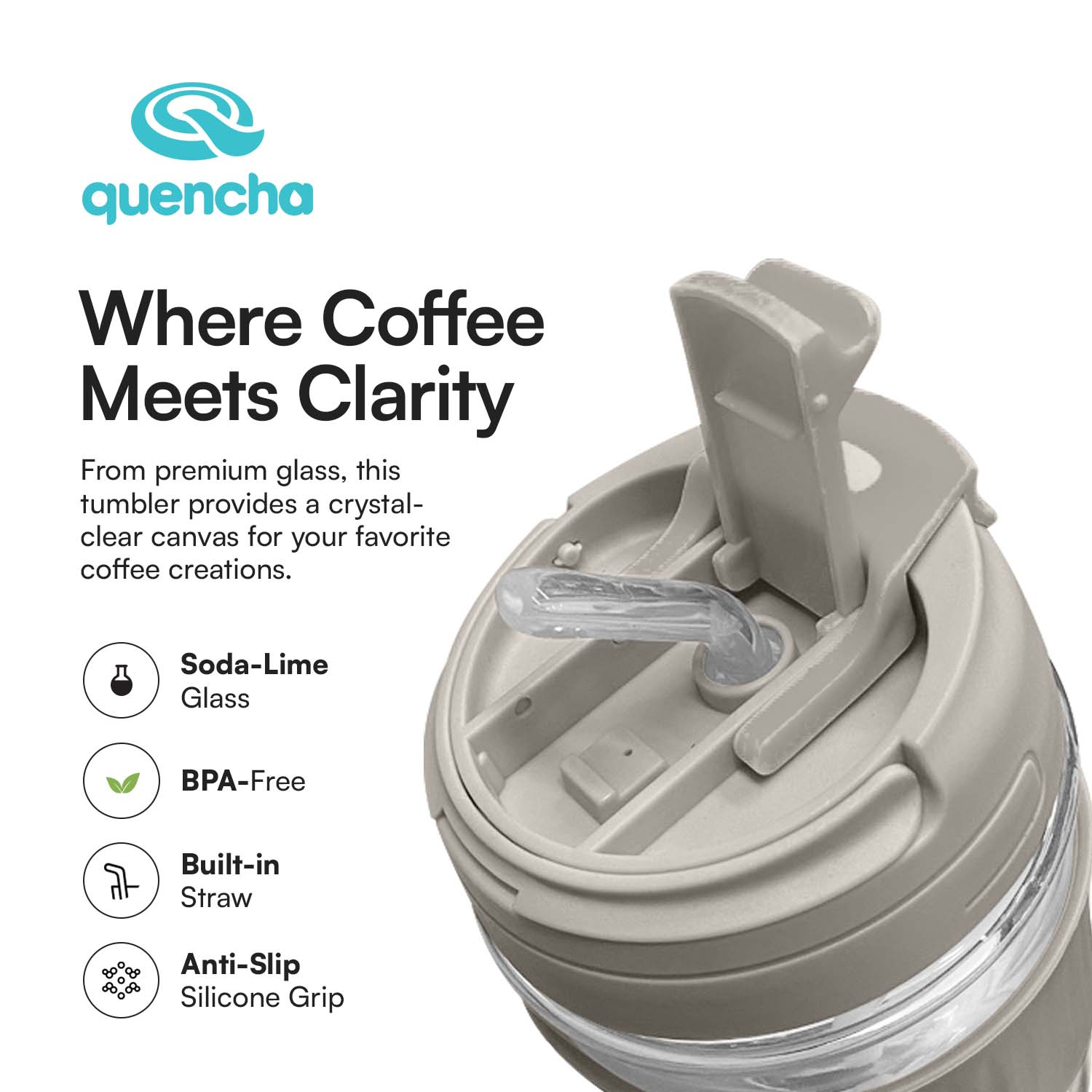 Quencha 12oz Glass Coffee Tumbler with Built-in Straw – Reusable, Leak ...