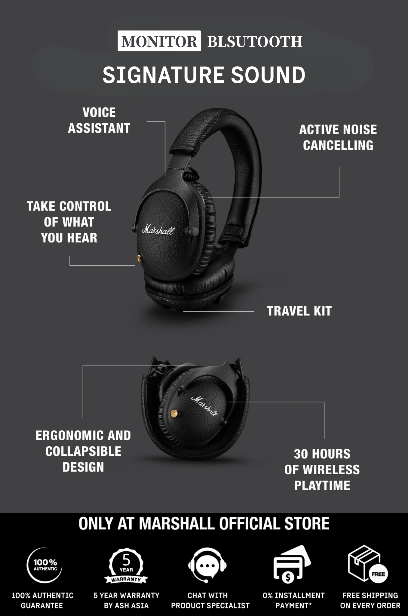 𝗠𝗮𝗿𝘀𝗵𝗮𝗹𝗹 Monitor Bluetooth - Black | Wireless Over-Ear Headphones ...