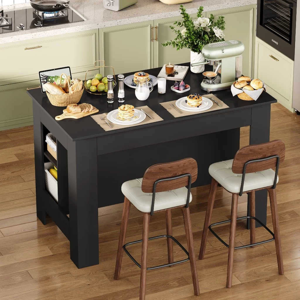Alivia.Island table Wooden Kitchen Island Table With Shelf Bar Table ...
