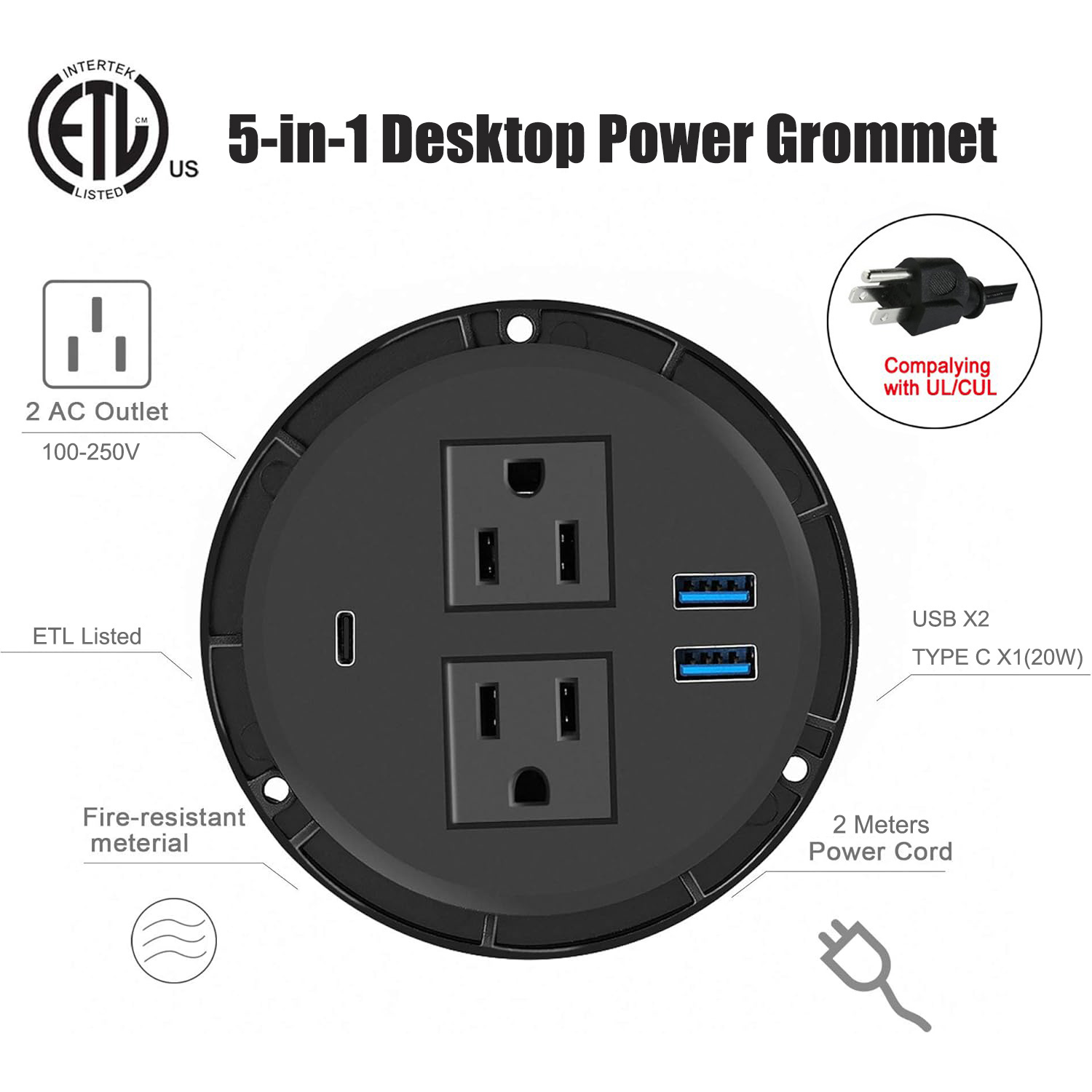 Hidden Socket Embedded Desk Power Grommet Extension Cord With USB 1 ...