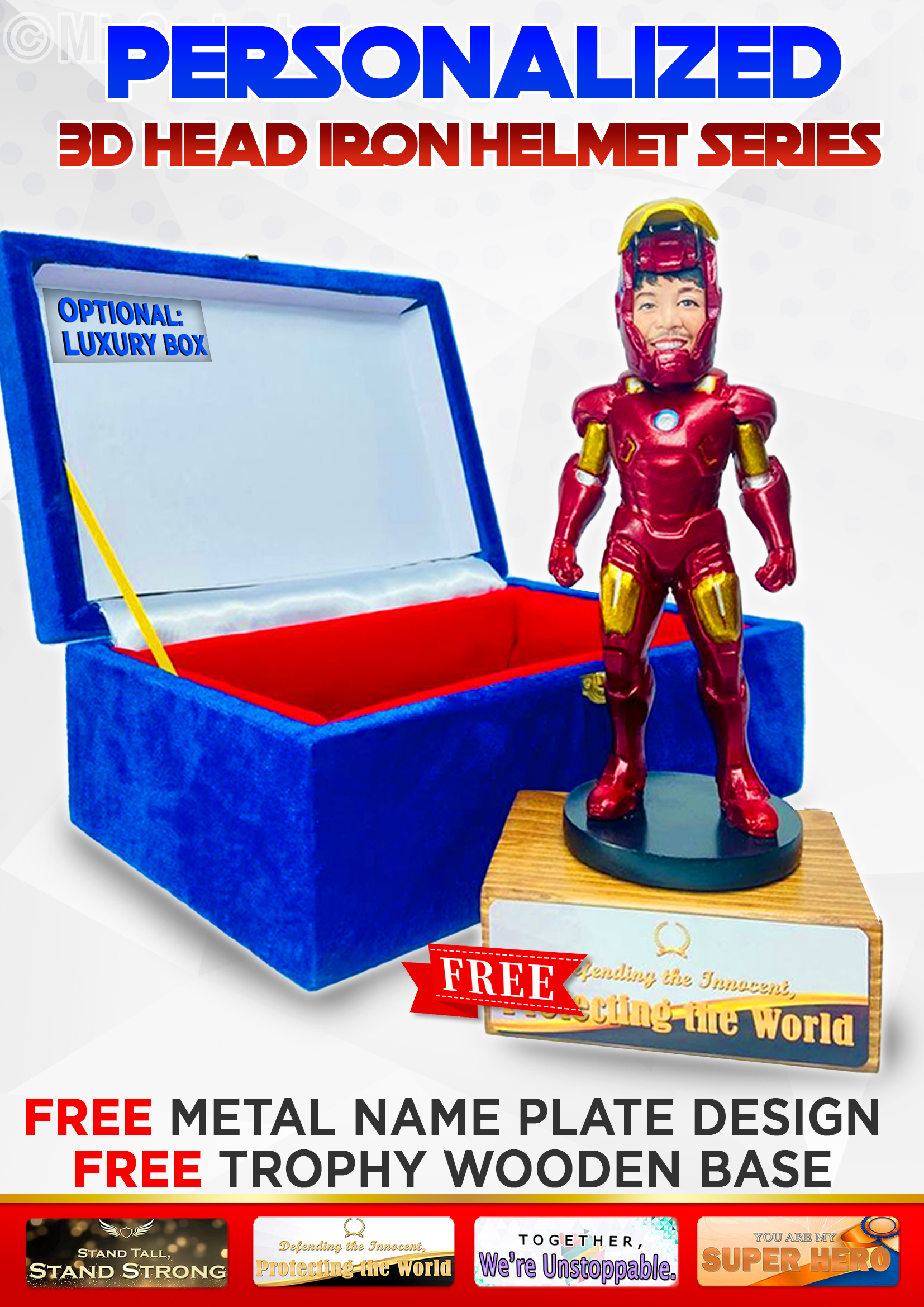 VIP Custom 3D face Iron Helm Trophy - Model D Free Base(w/ Shiny Metal ...