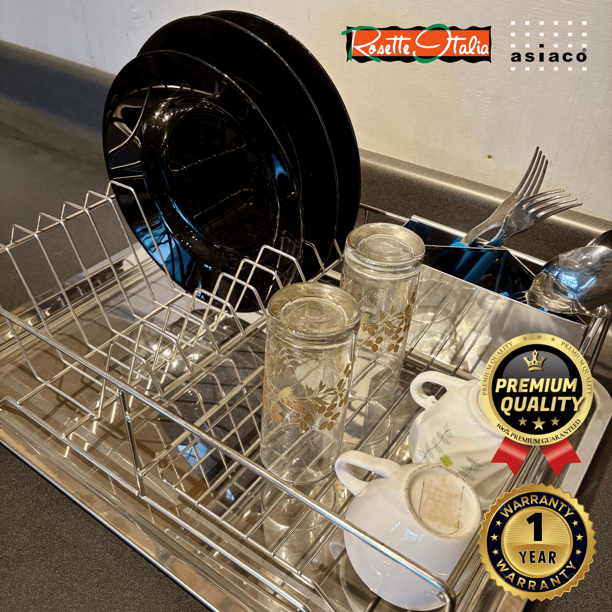 Asiaco Rosette Italia Stainless Steel Counter Top Dish and Utensil ...