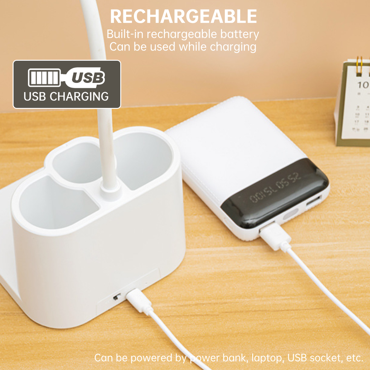 USB Rechargeable Lamp Shade LED Desk Lamp With Pen Holder Study Light ...