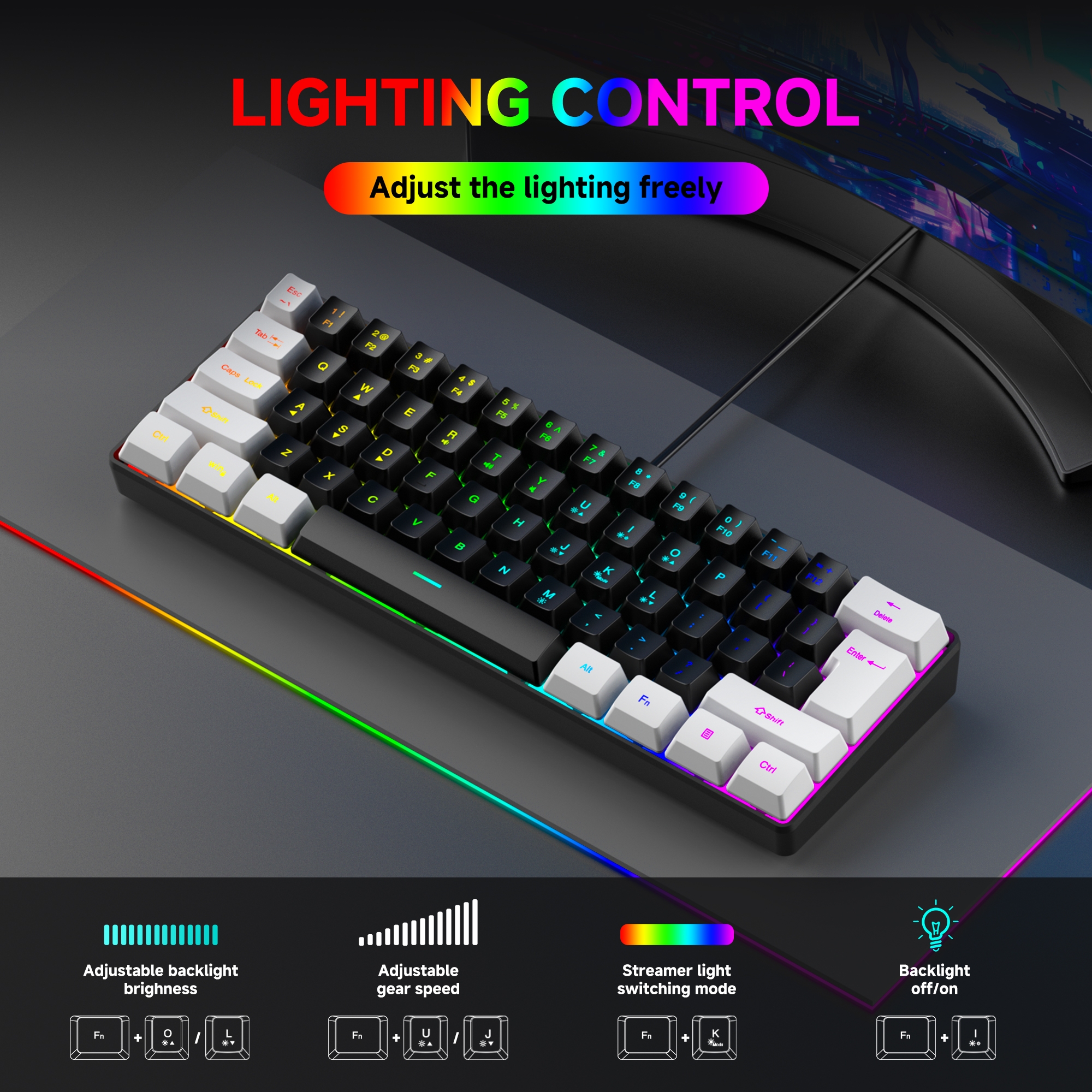 61-key RGB Membrane Keyboard Set Colorful MINI Black And White Gaming ...