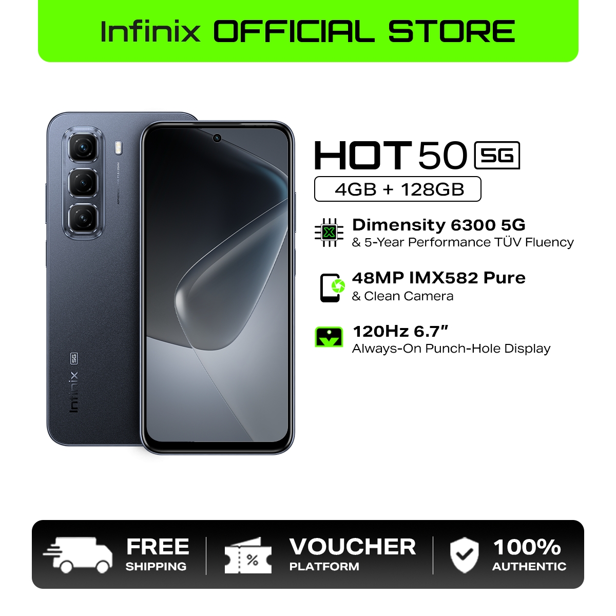Infinix HOT 50 5G, (up to 8GB [4GB + 128GB], MediaTek D6300, 48MP ...