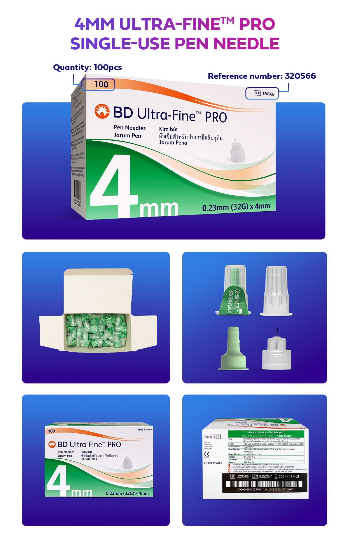 BD Ultra Fine PRO 4mm Insulin Pen Needle (100 pcs box) 32G - For ...
