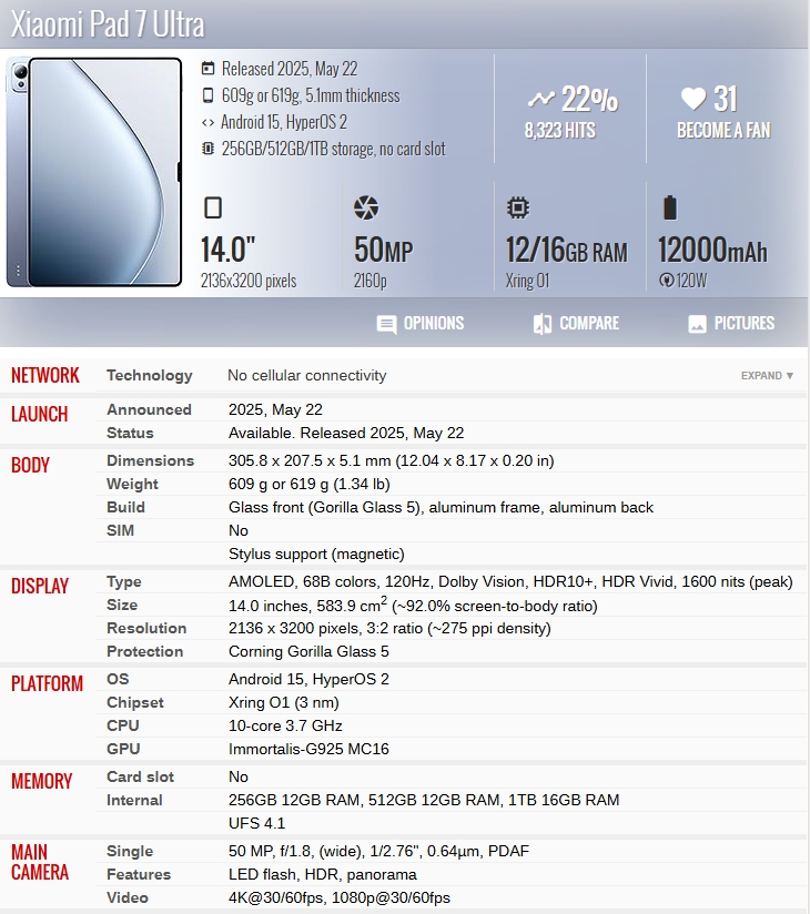 Xiaomi Pad 7 Ultra/14.0 inches/AMOLED, 68B colors, 120Hz/Xring O1 (3 nm) /Android 15, HyperOS 2 ...