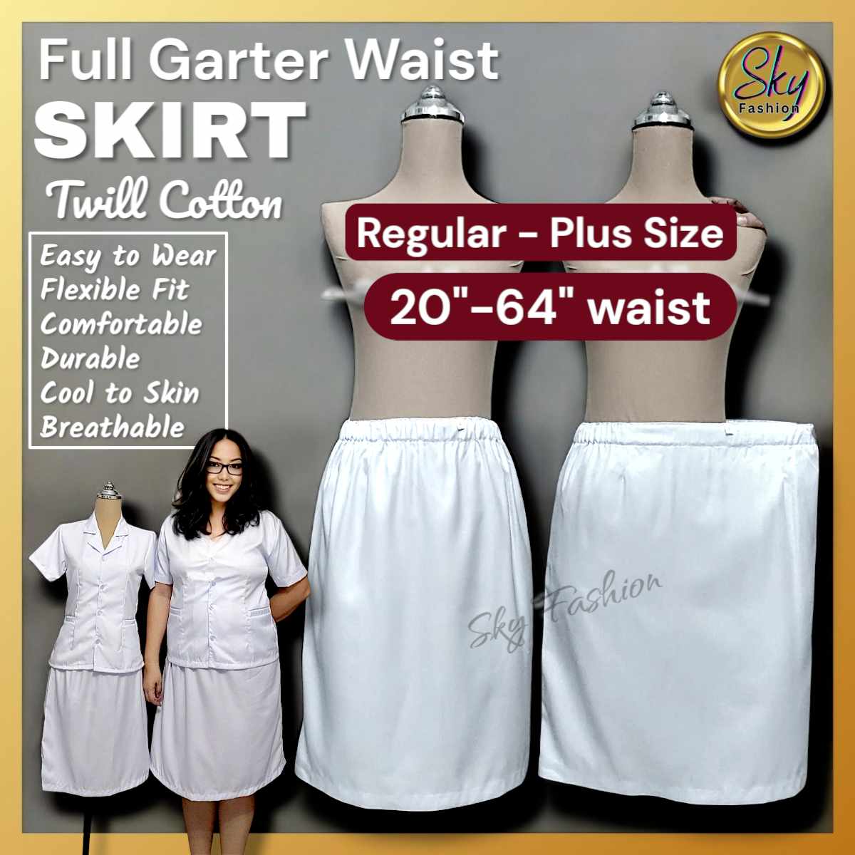 Full Garter Waist Cotton White Skirt flexible waist for Nurse, Medical ...