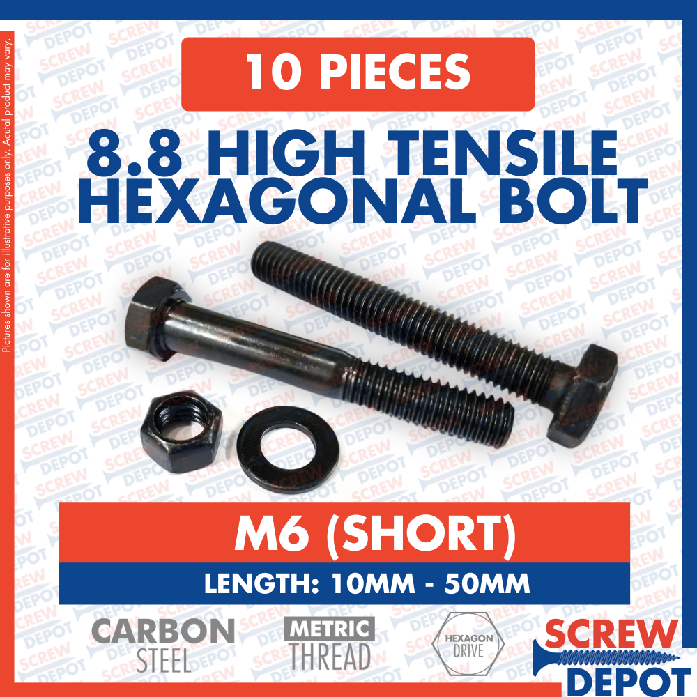 10PCS M6 (6MM) High Tensile Hex Bolt or HT Hexagonal Bolt Grade 8.8 / Screw Depot | Shopee ...