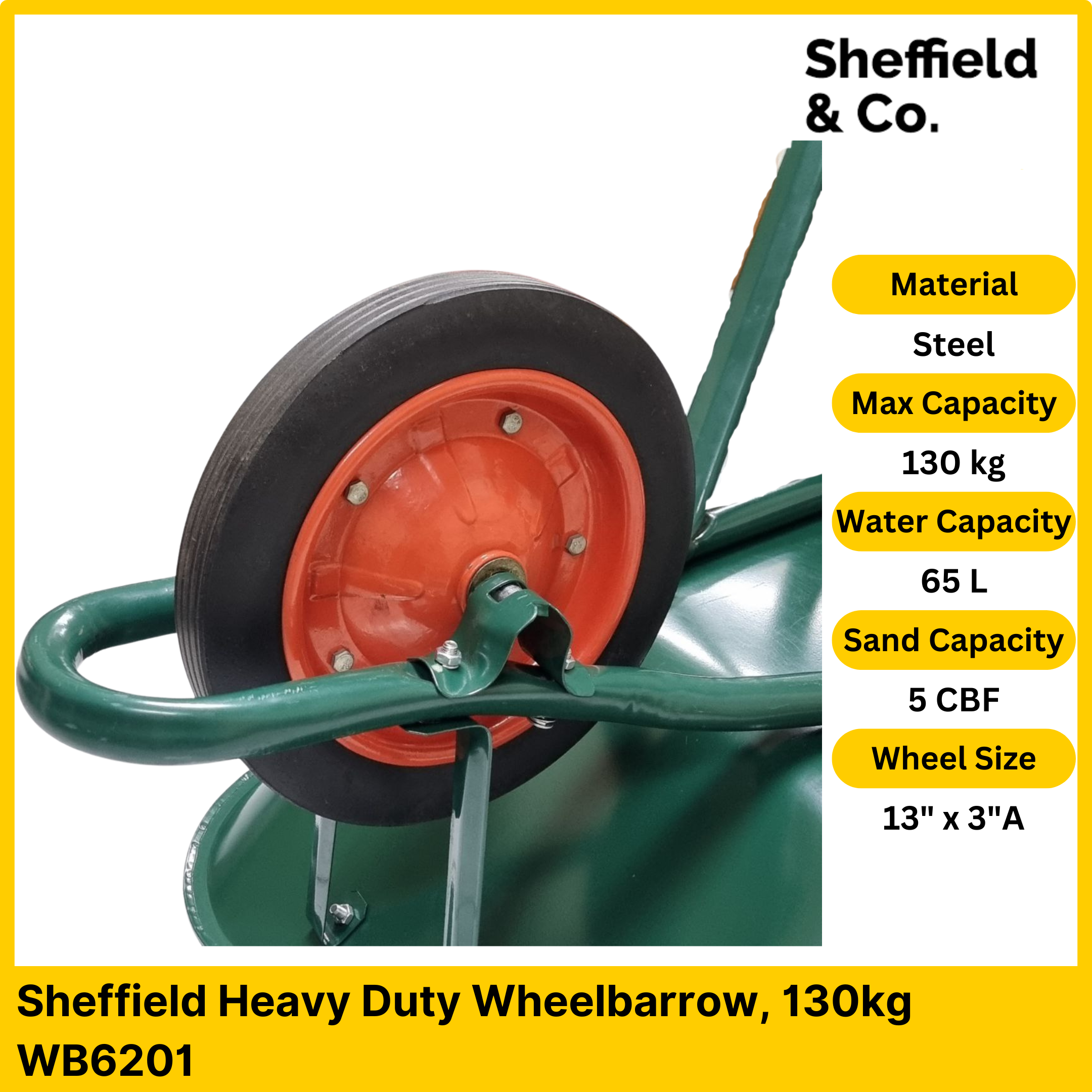 Sheffield Heavy Duty Wheelbarrow (130kg) with Solid Rubber Wheel ...
