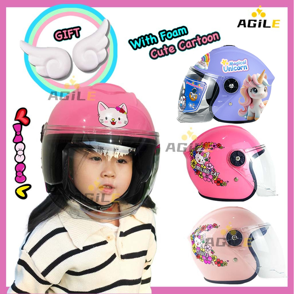 Kids Motorcycle Helmet with Wing For Girls Half Face Transparent Visor ...