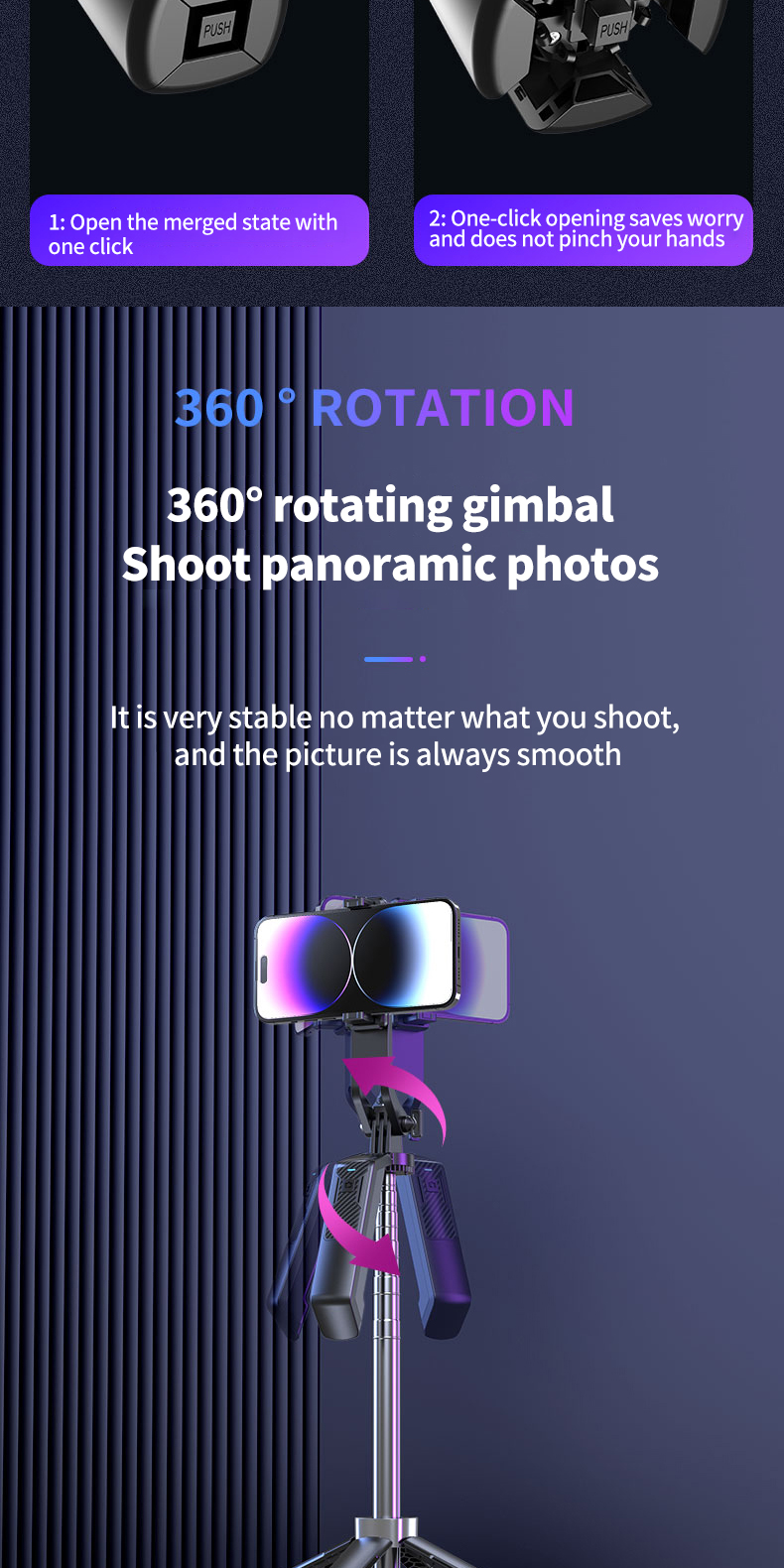 Jiditech Four Corner Selfie Stick Tripod 360°Rotation with Bluetooth Remote Fill Light for ...