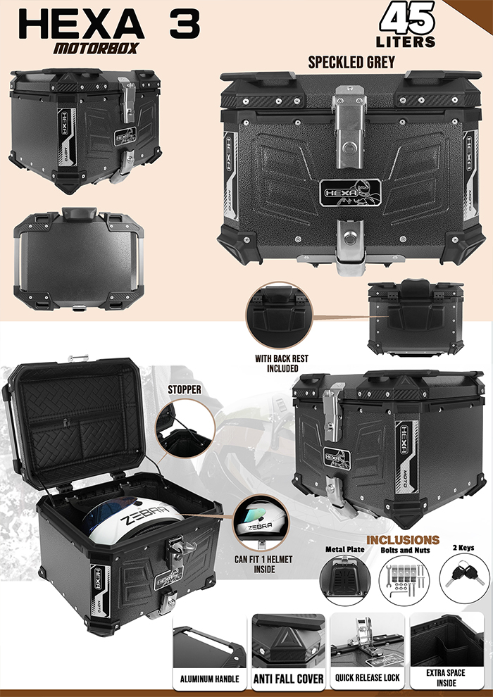 HEXA Top Box 45L Aluminum for Motorcycle Helmet Dual Lock With Backrest ...