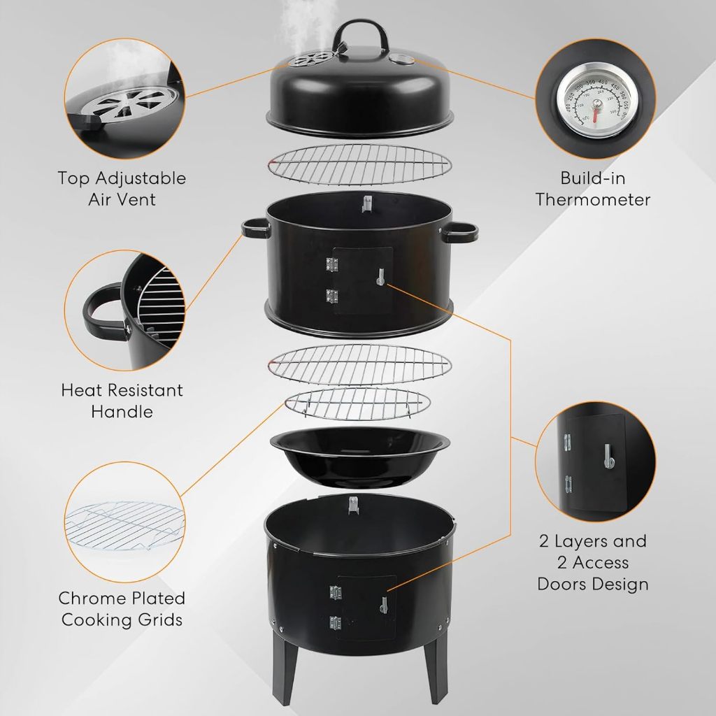 3-in-1 Charcoal BBQ Smoker, Outdoor Grill Cooker with Built-in ...