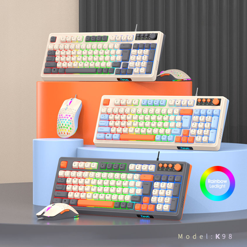 Zeus x Raiku Wired Rainbow LED Ligh Gaming Keyboard 98 Keys Silent Keys ...