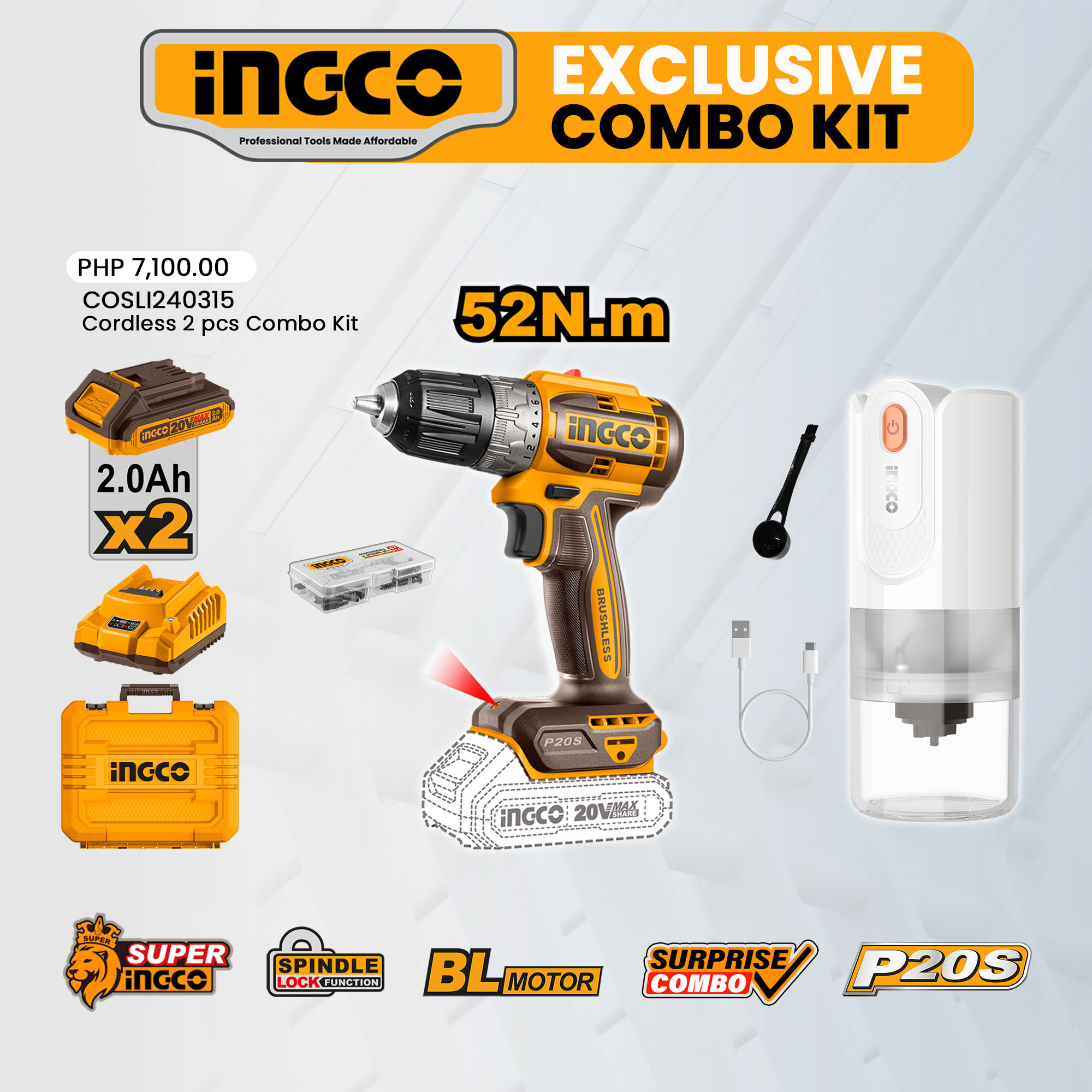Ingco 2pcs Cordless Combo Kit 20V Li-Ion Brushless Drill & Free 15W ...
