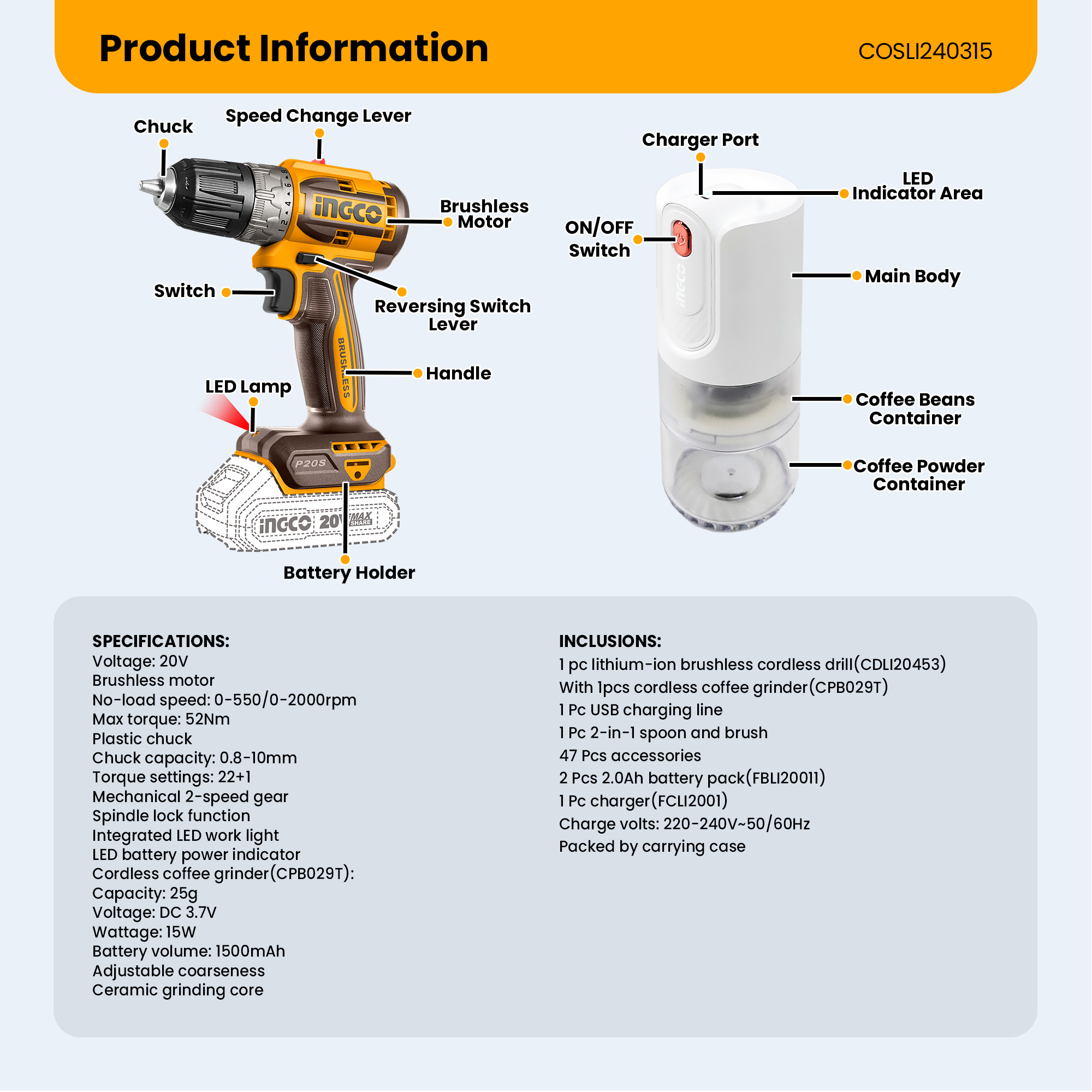 Ingco 2pcs Cordless Combo Kit 20V Li-Ion Brushless Drill & Free 15W ...