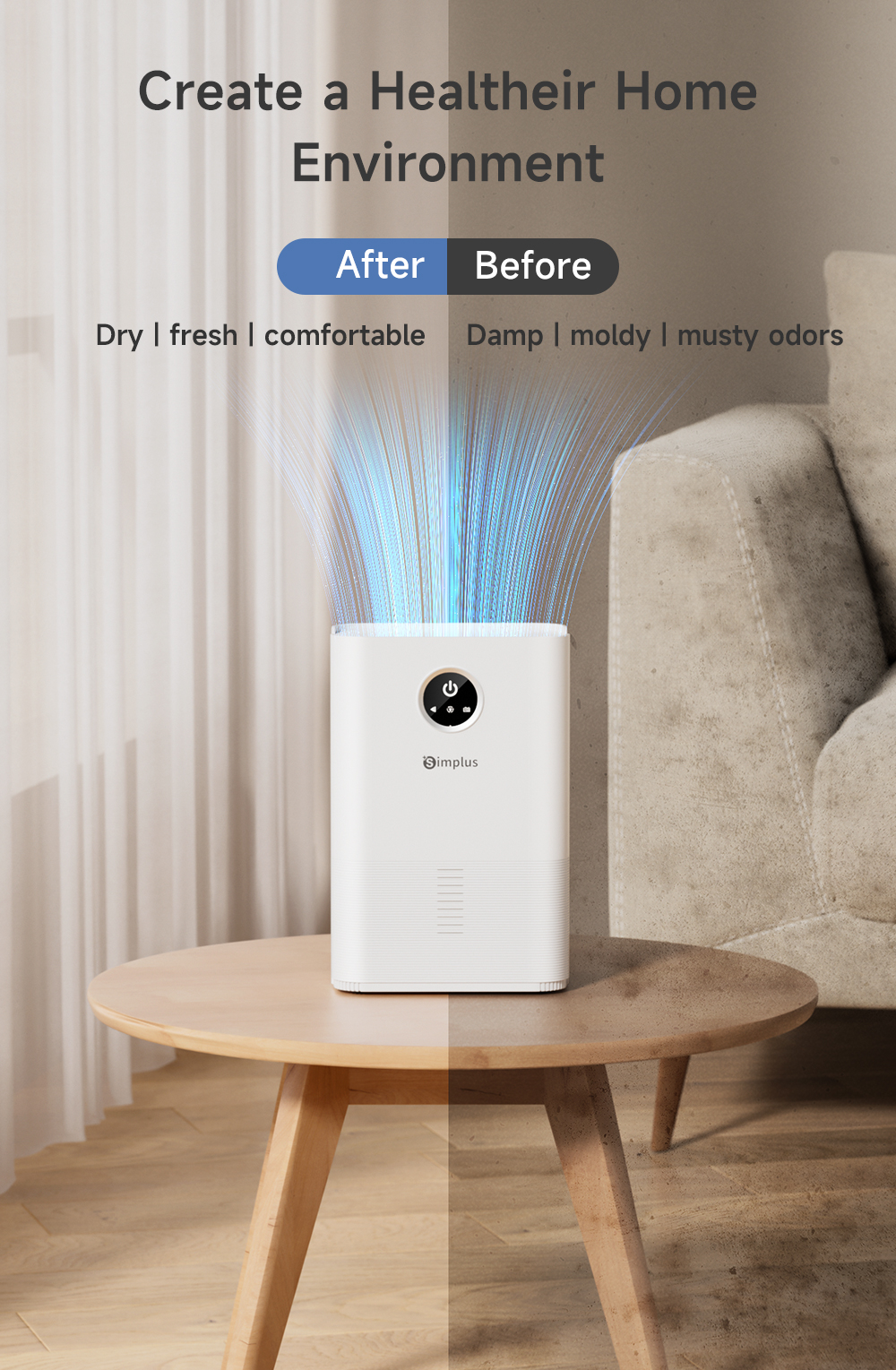 Simplus Dehumidifier 1L Water Tank Intelligent Humidity Monitoring Low ...