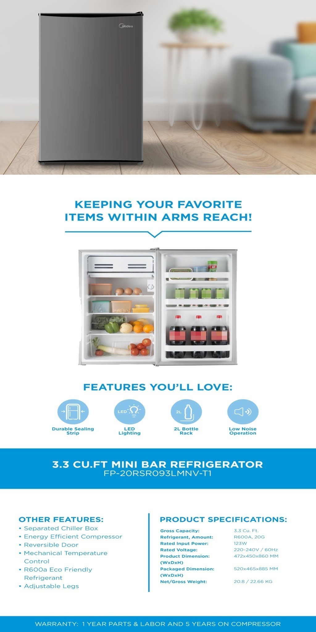 Midea Mini Bar Refrigerator 1.8 cu. ft - 3.3 cu. ft (Personal/Bar ...