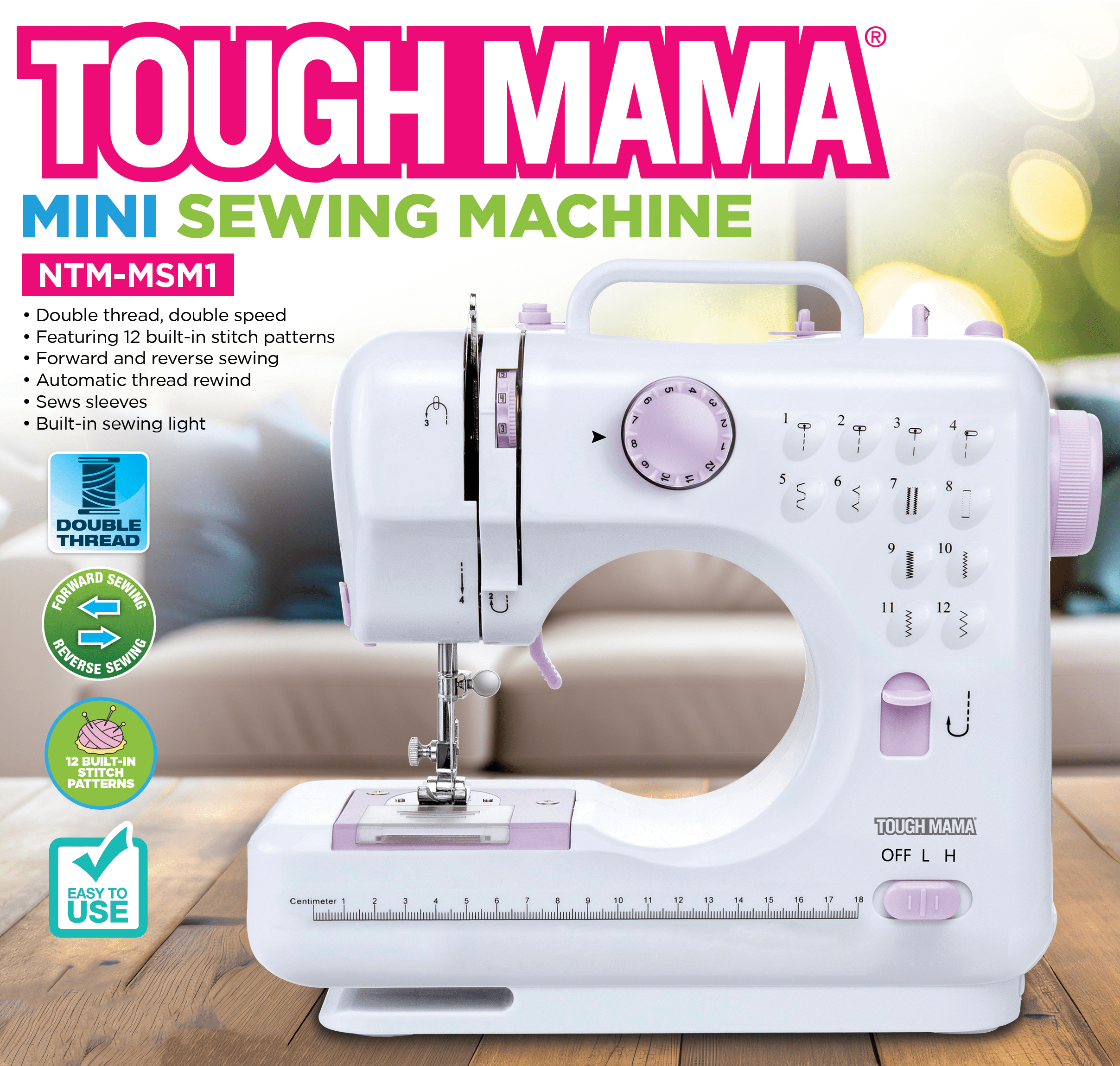 Tough Mama NTM-MSM1 Double Speed Mini Sewing Machine 12 Stitch Patterns ...