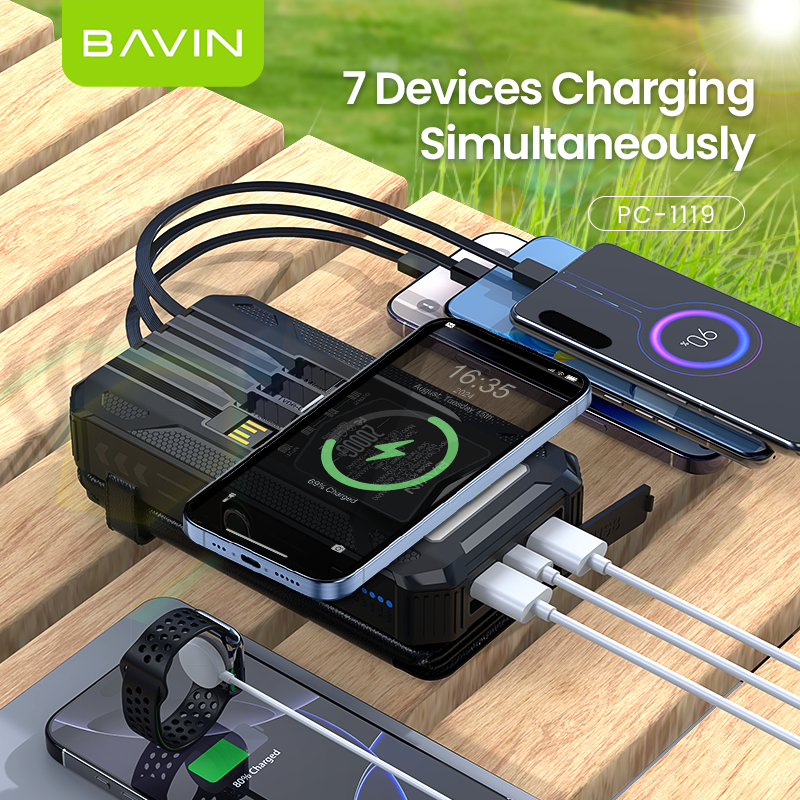 BAVIN PC1119 20000mAh Solar Charging Powerbank Built-In Cable Wireless Charging w/ Waterproof ...