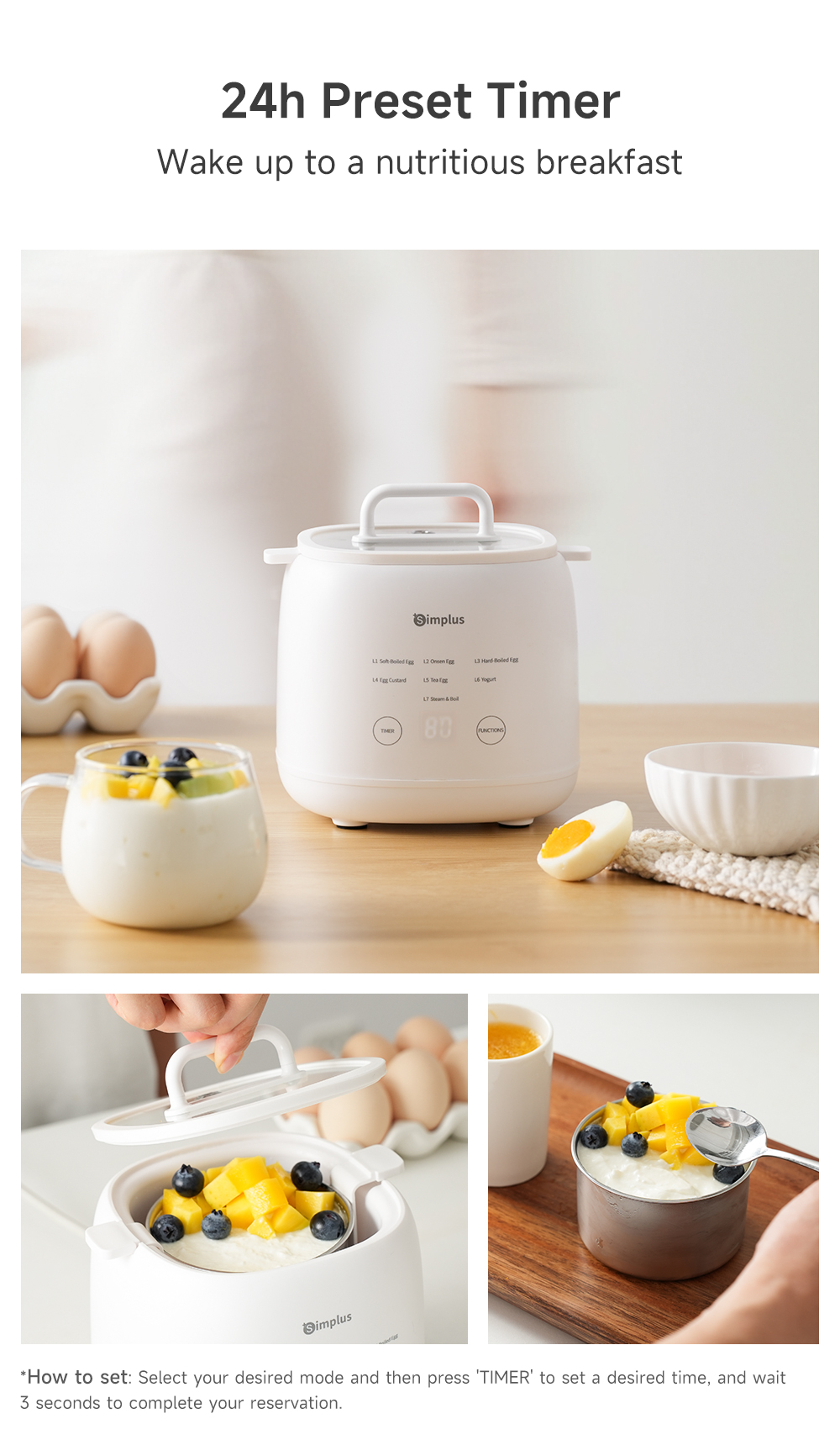 INSSA X Simplus Multifunctional Egg Cooker 7 Cooking Modes SUS304 24h ...