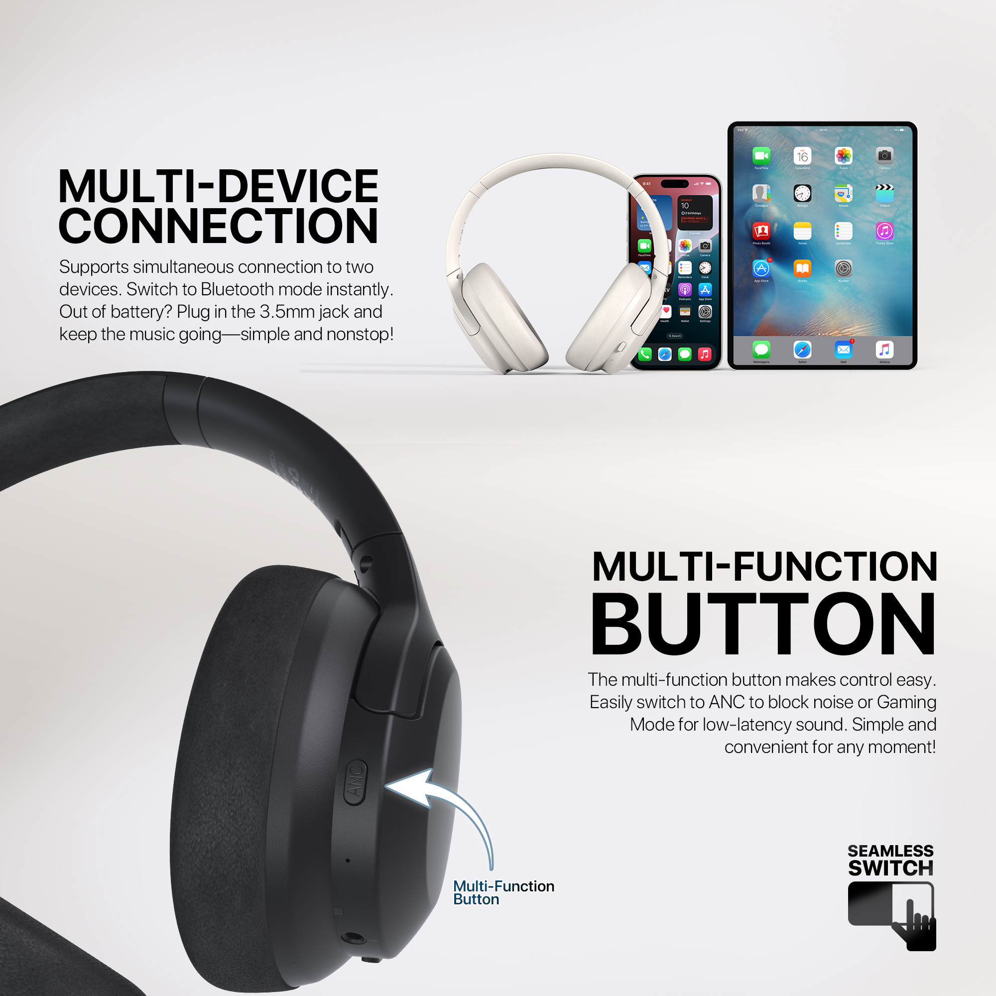 Fantech WH05A GO Vibe ANC Wireless Headset 5.3 Bluetooth Headphones ...