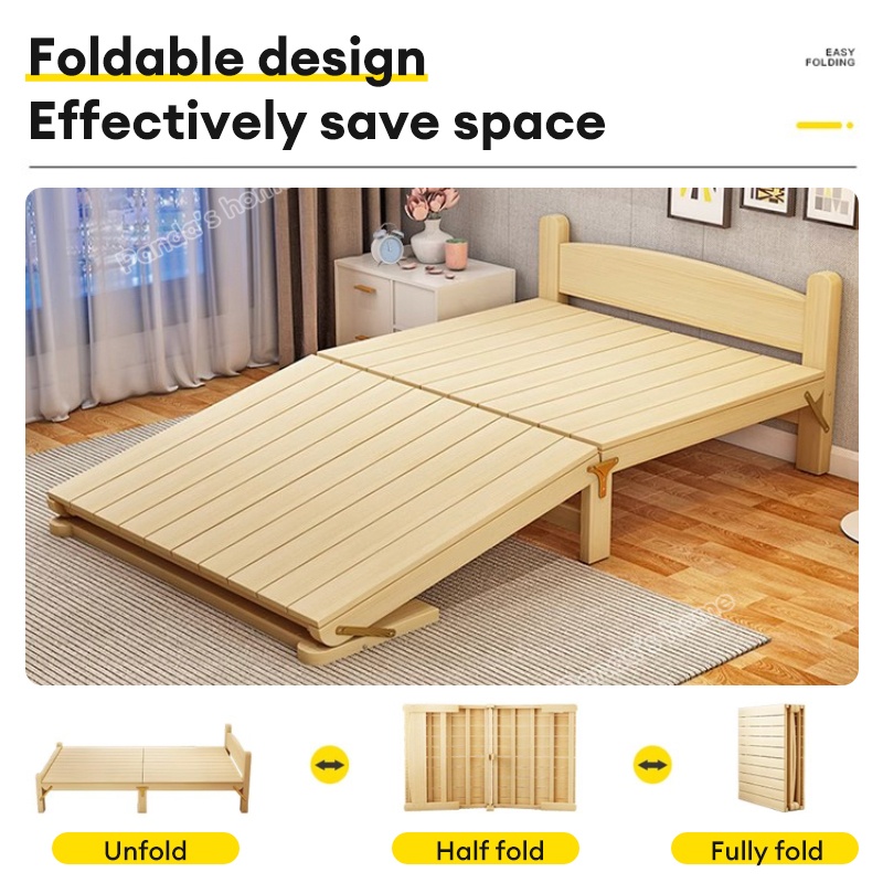Solid Wood Folding Bed Metal Foldable Bed Single Bed Frame Wooden Wood ...