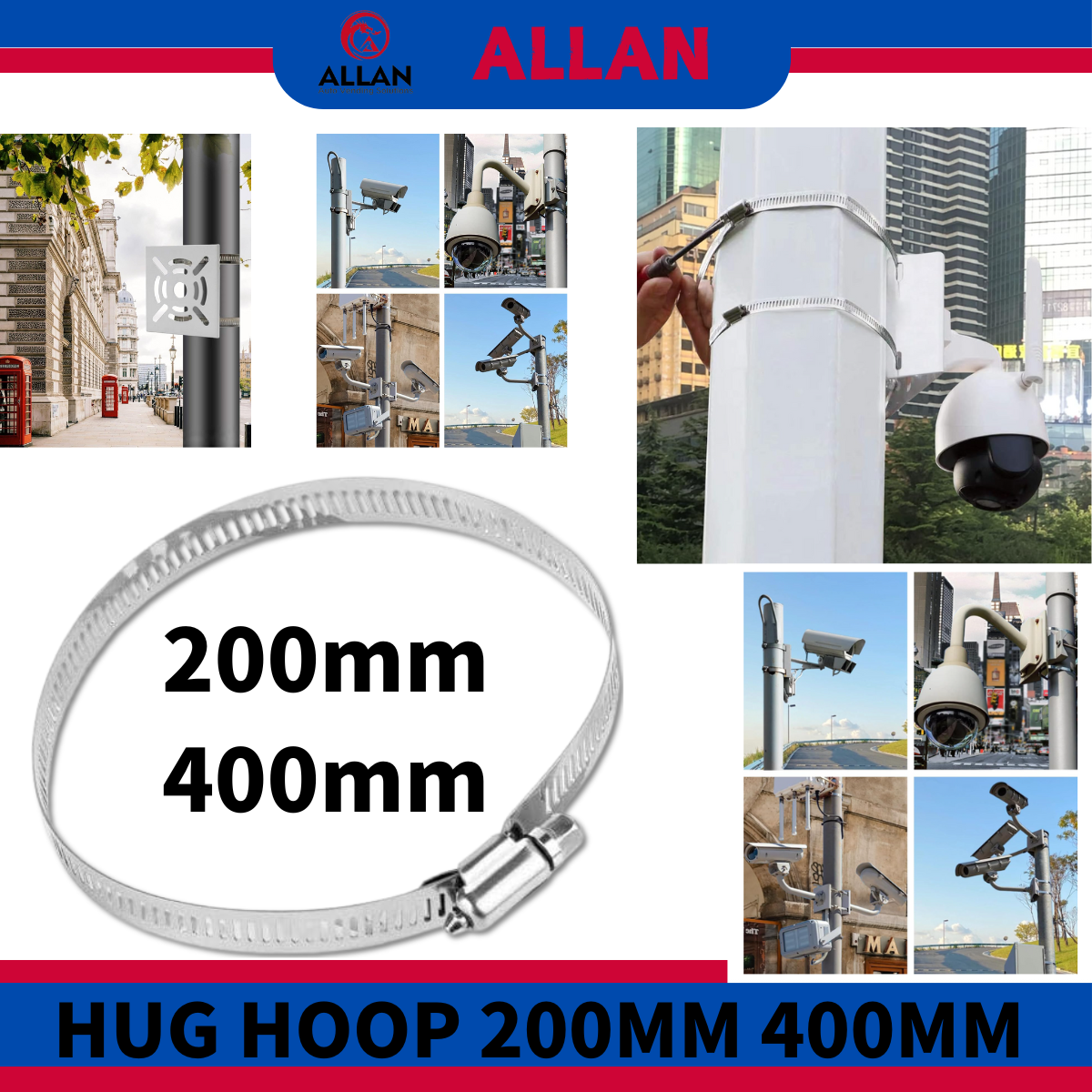 ALLAN Fiber Clamp 200mm 400mm Stainless Steel Telephone Pole Clamp CCTV ...