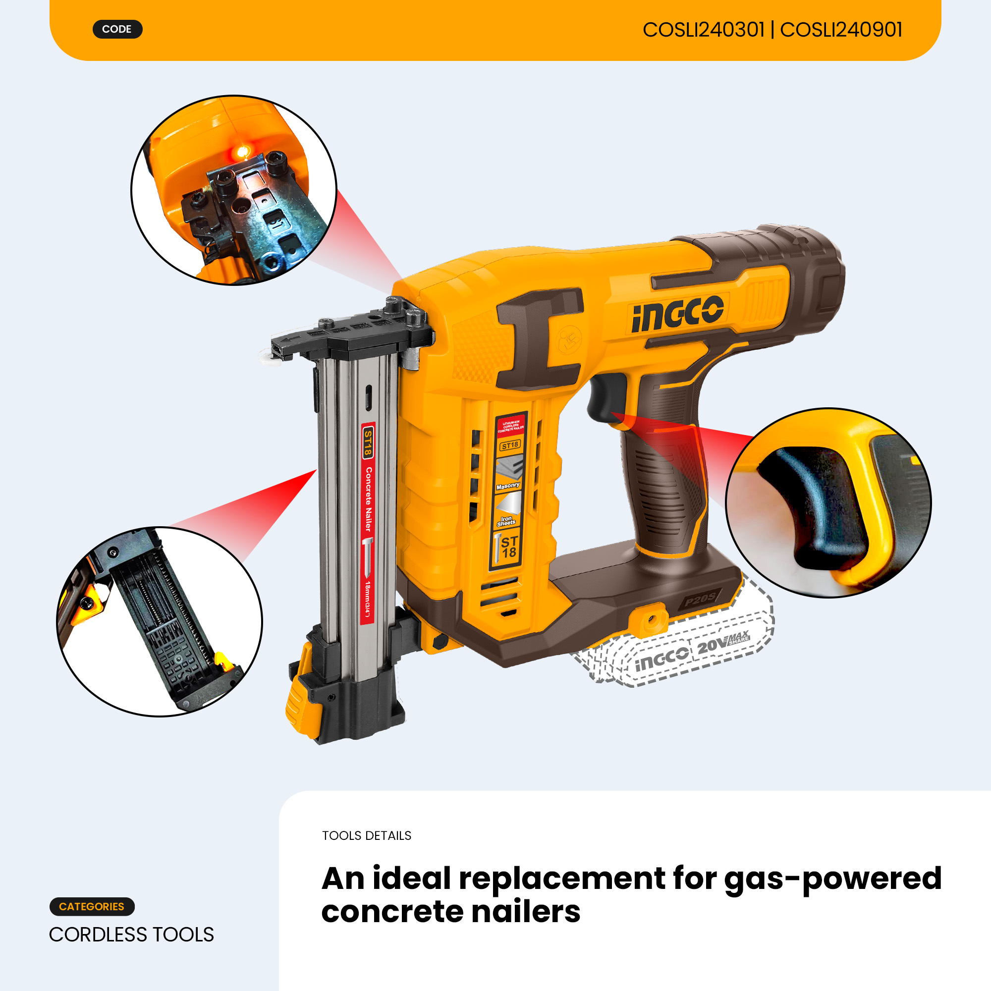 Ingco 2pcs 20V Cordless Combo Kit F15-F35 Brad Nailer w/ Crown Stapler ...