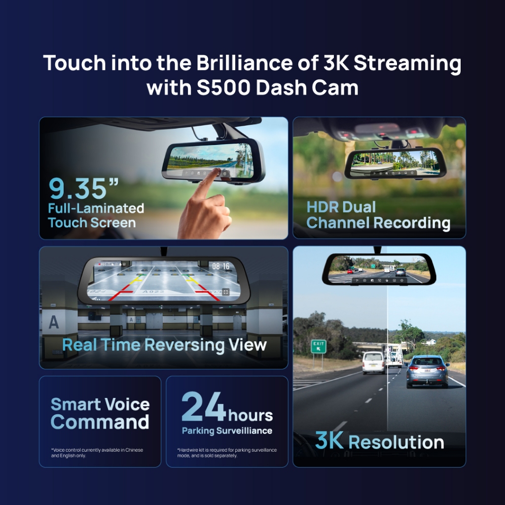 70mai S500 Rearview Dash Cam 3K HDR Image 9.35'' Full-Laminated Touch ...