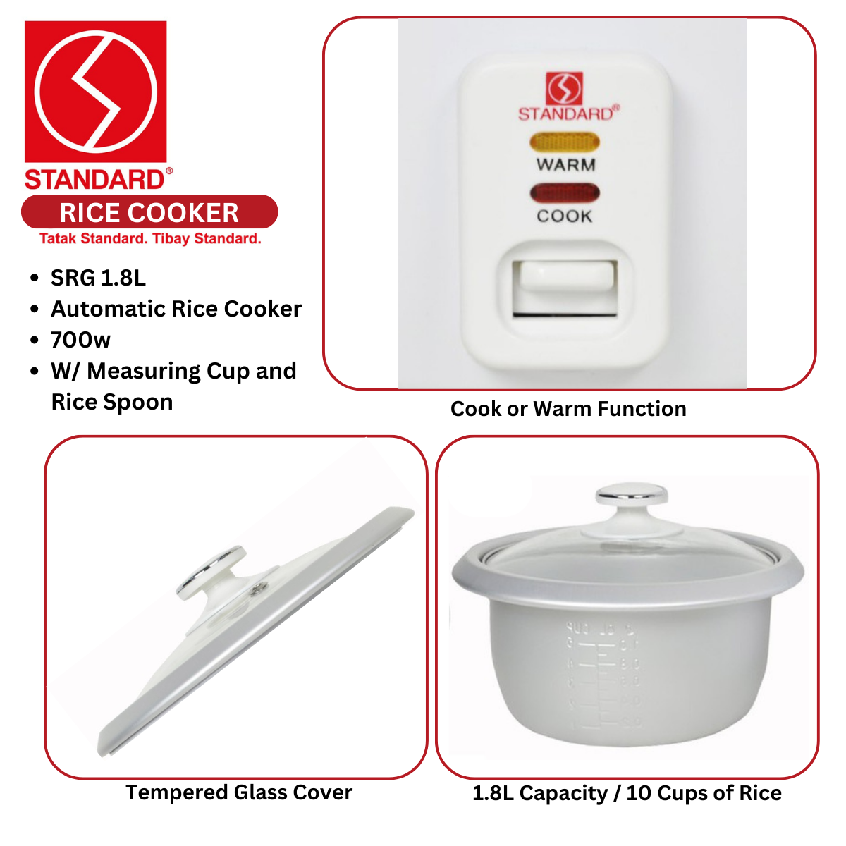 Standard Rice Cooker Heavy Duty w/ Glass Cover SRG 0.6L, 1.0L, 1.8L, 2 ...