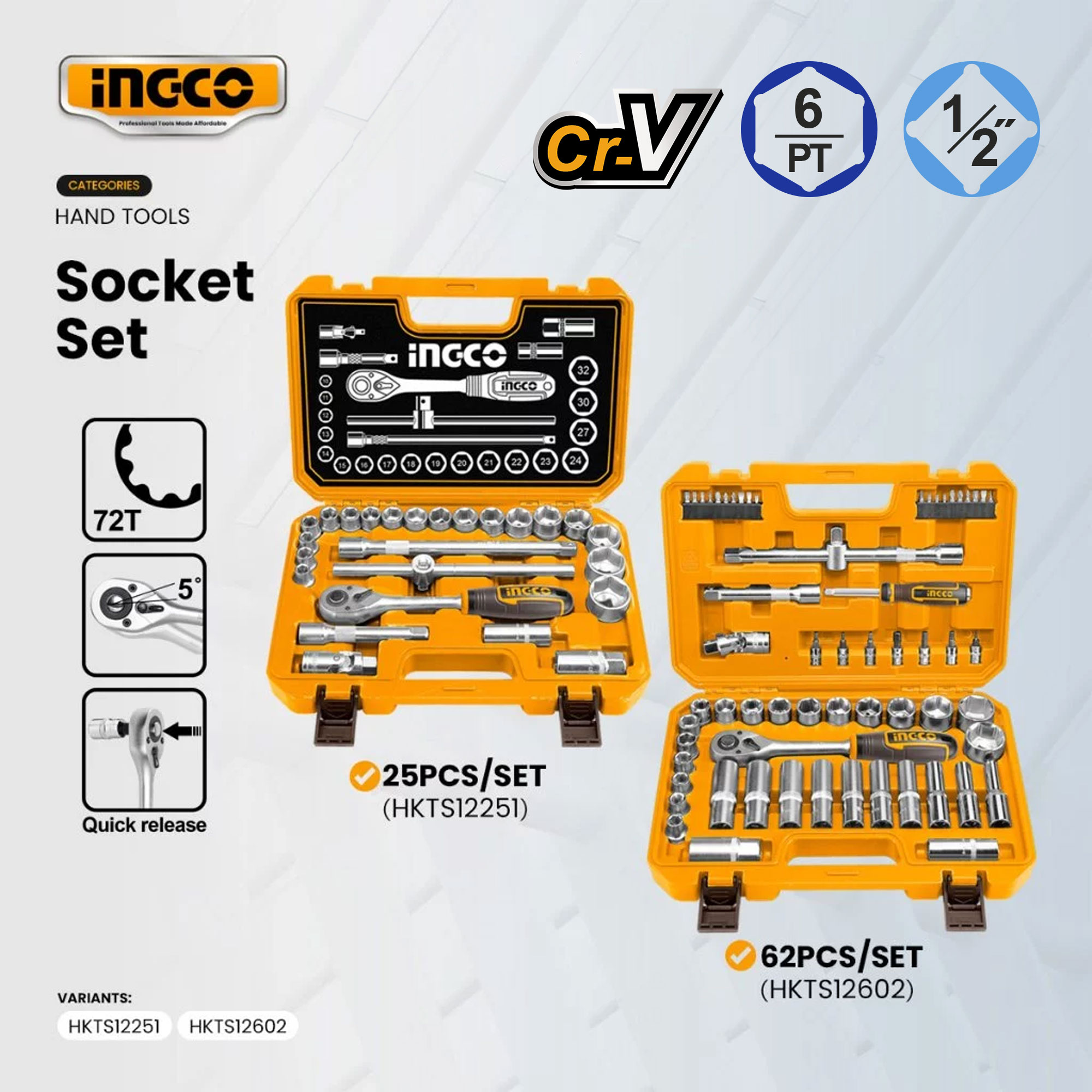 Ingo 25pcs/62pcs 1/2" Socket Set Cr-V Ratchet Wrench Automotive Car ...