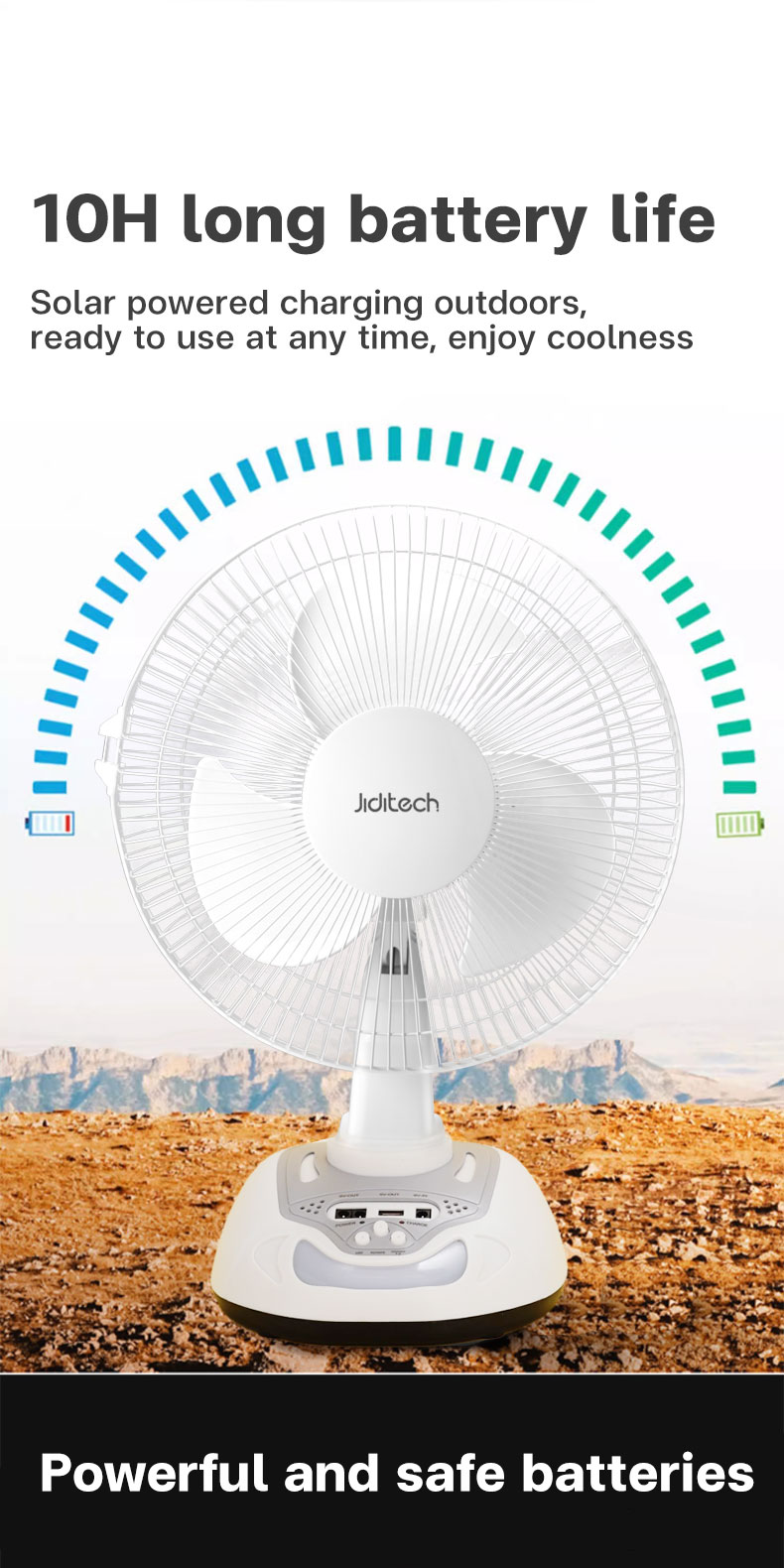Jiditech 2025 New 14''/12'' Solar Fan Rechargeable Fan With 2 LED Light ...