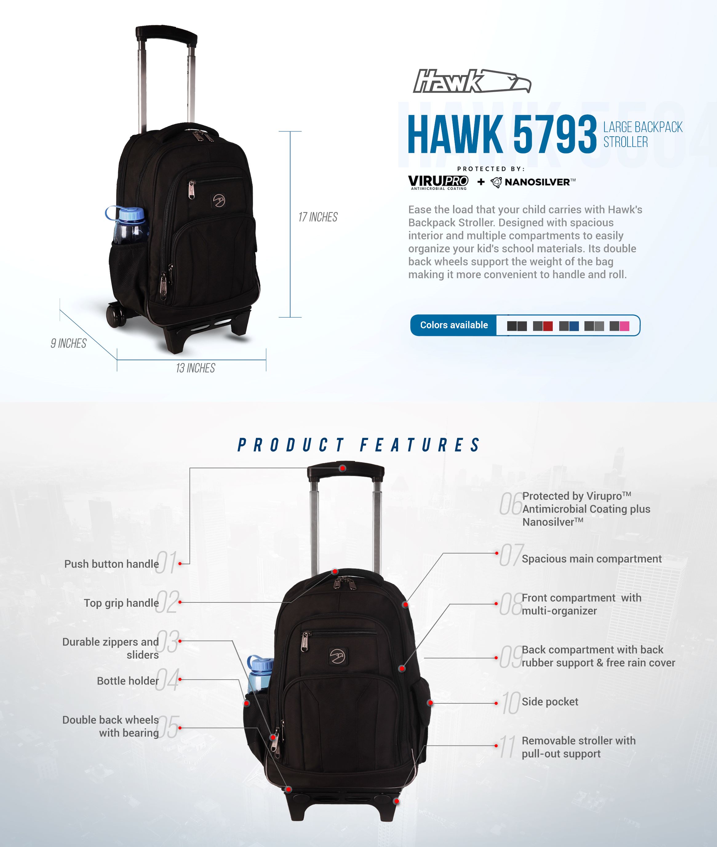Hawk 5793 Large Backpack Stroller with VIRUPRO Anti-Microbial ...