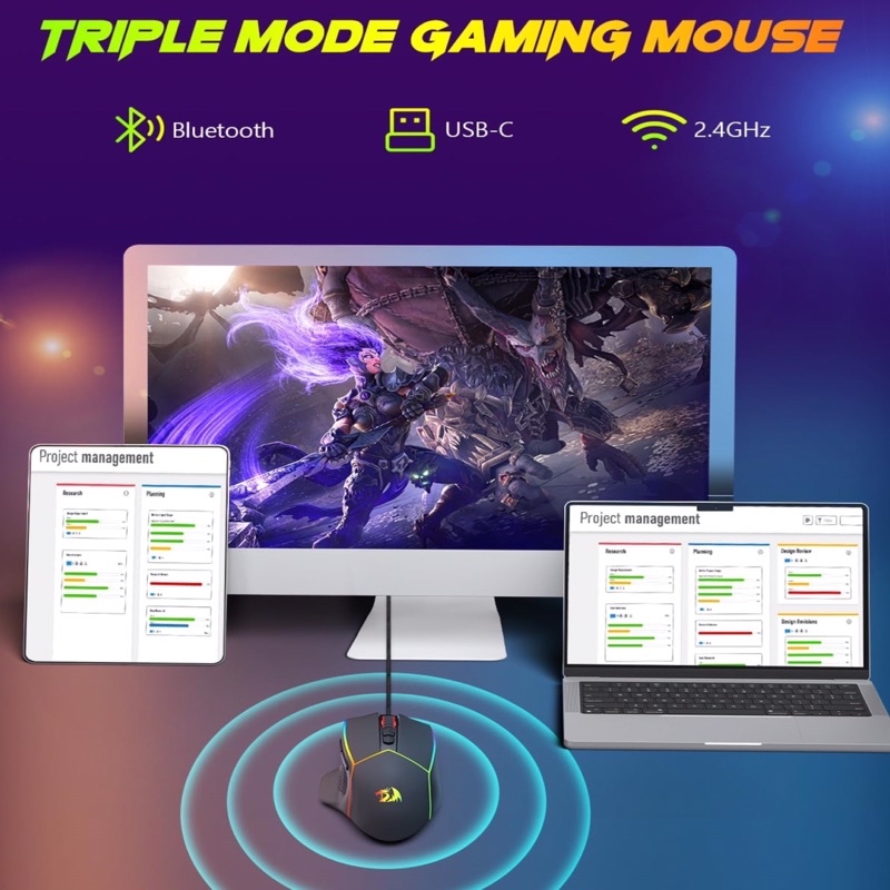 REDRAGON AXE PRO RGB Wireless Gaming Mouse, 2.4G/BT/Wired Tri-Mode ...