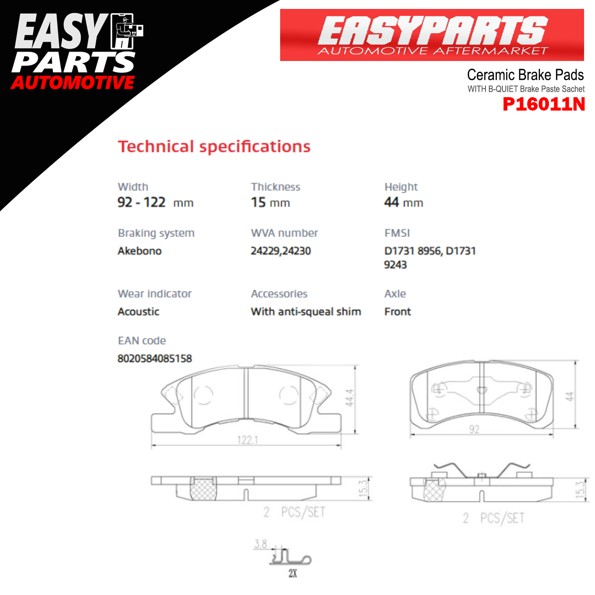 Brembo Brake Pads P16011N Mit. Mirage & Wigo Gen 1 Front | Shopee ...