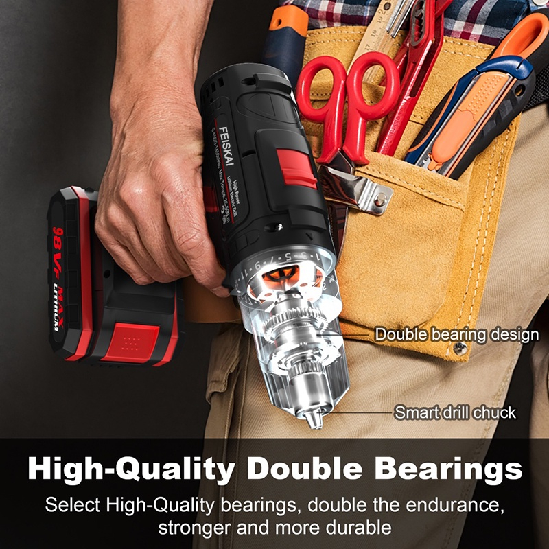 998VF Cordless Electric Drill With 2 Batteries Hand Impact Drill Power ...