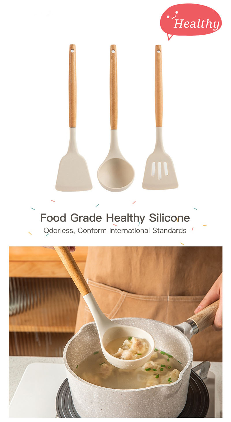 3PCS White Silicone Kitchen Utensils Set Cooking Utensils Set Wooden ...