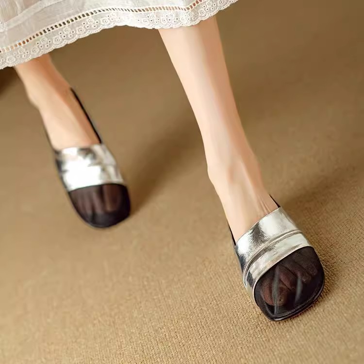 COD Silver Mesh Toe Doll Flat Non-Slip Rubber Sole Women's Flat Slip-On ...