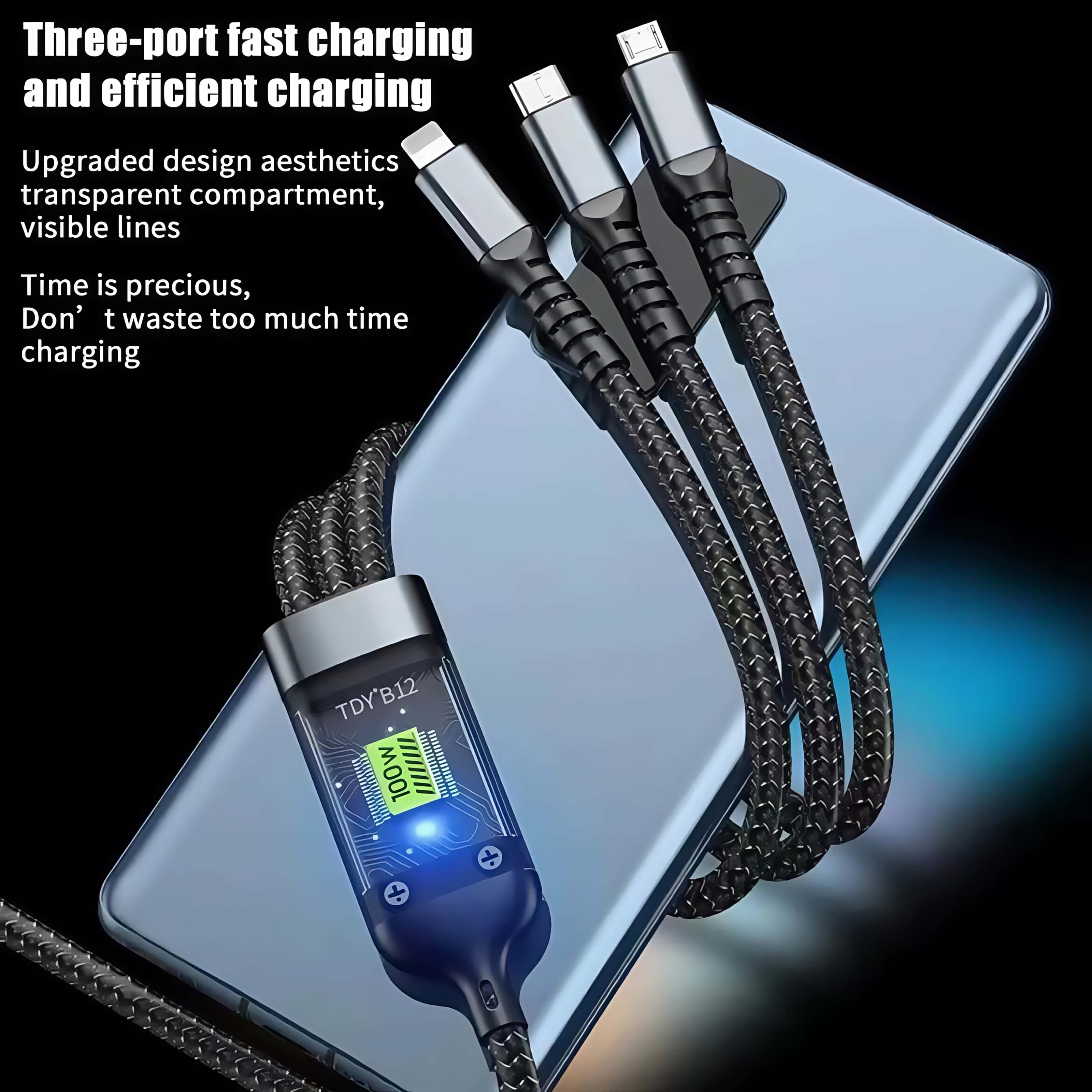 100W 3 In 1 Super Charging Cable 6A Micro Usb Type C Fast Charger Type ...